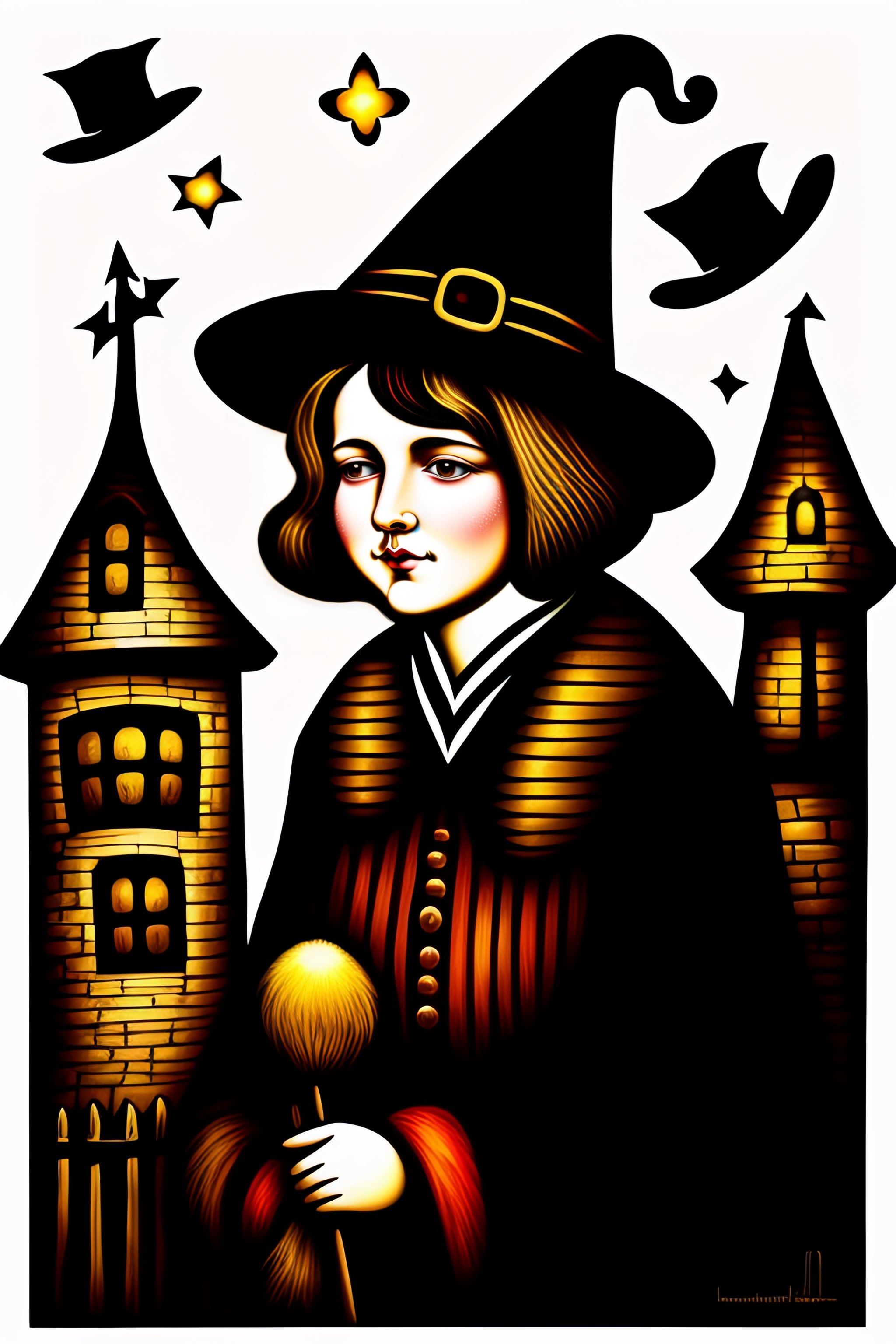 Lexica - A little tired witch in a hat sits on a broomstick and flies ...