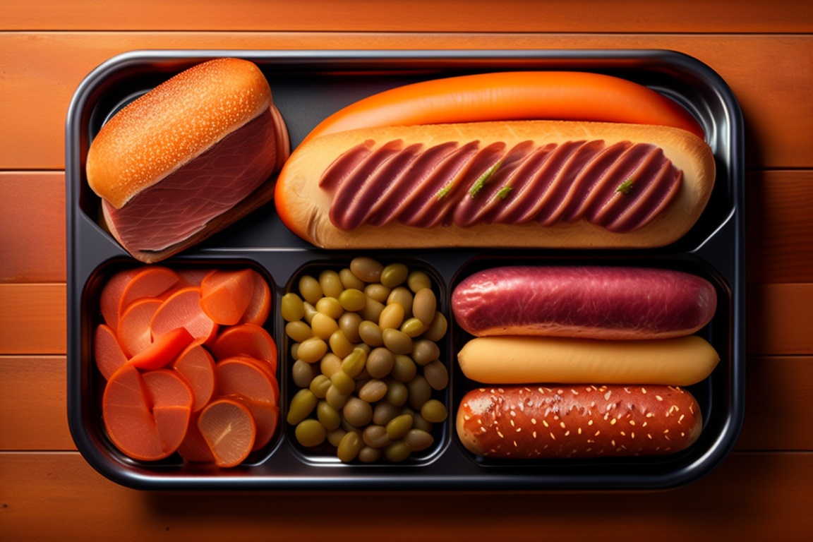 Lexica - A tray full of sausages, hams, hot dogs, cans of tuna, cans of ...