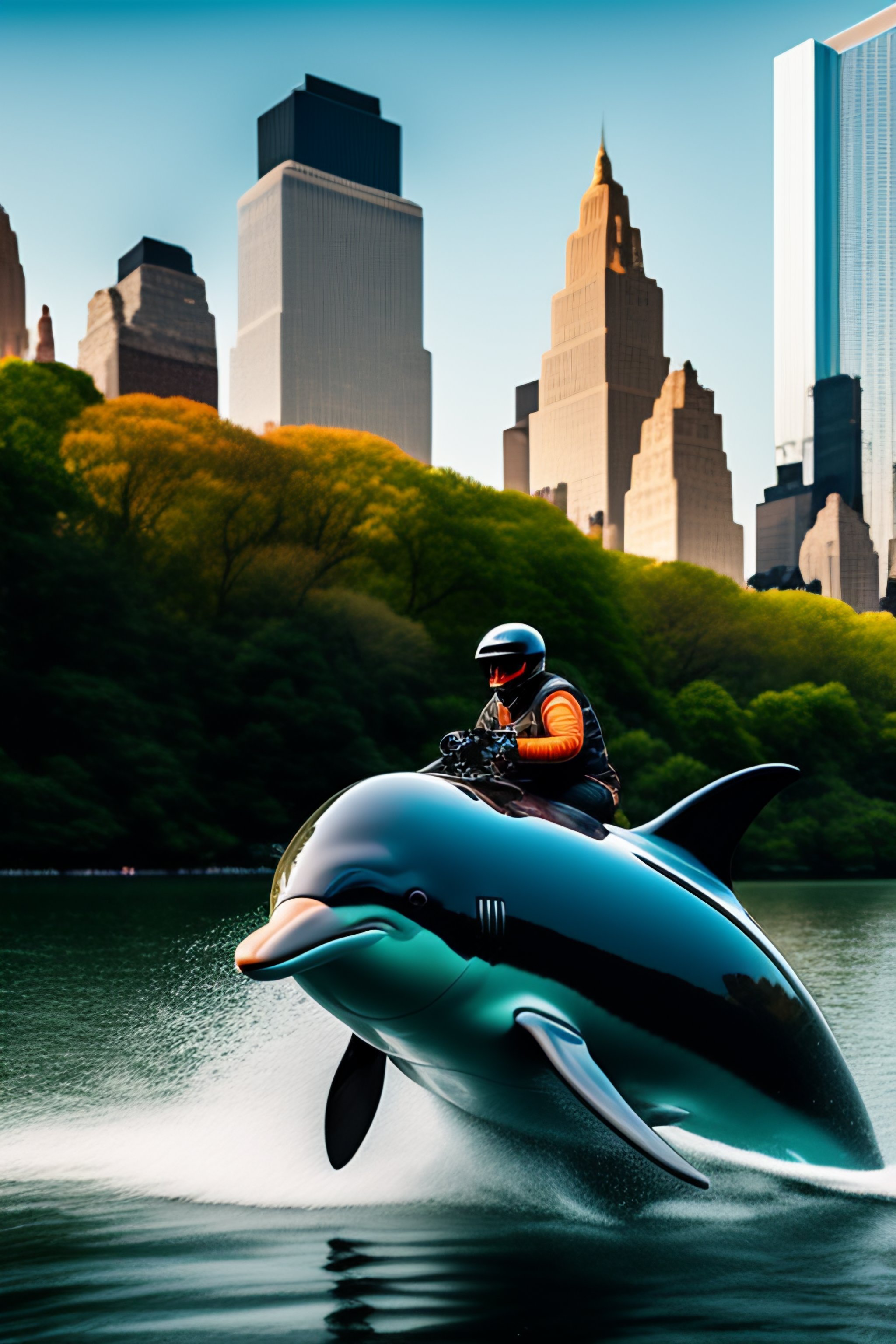Lexica - Dolphin riding a motorcycle in Central Park, New York CIty
