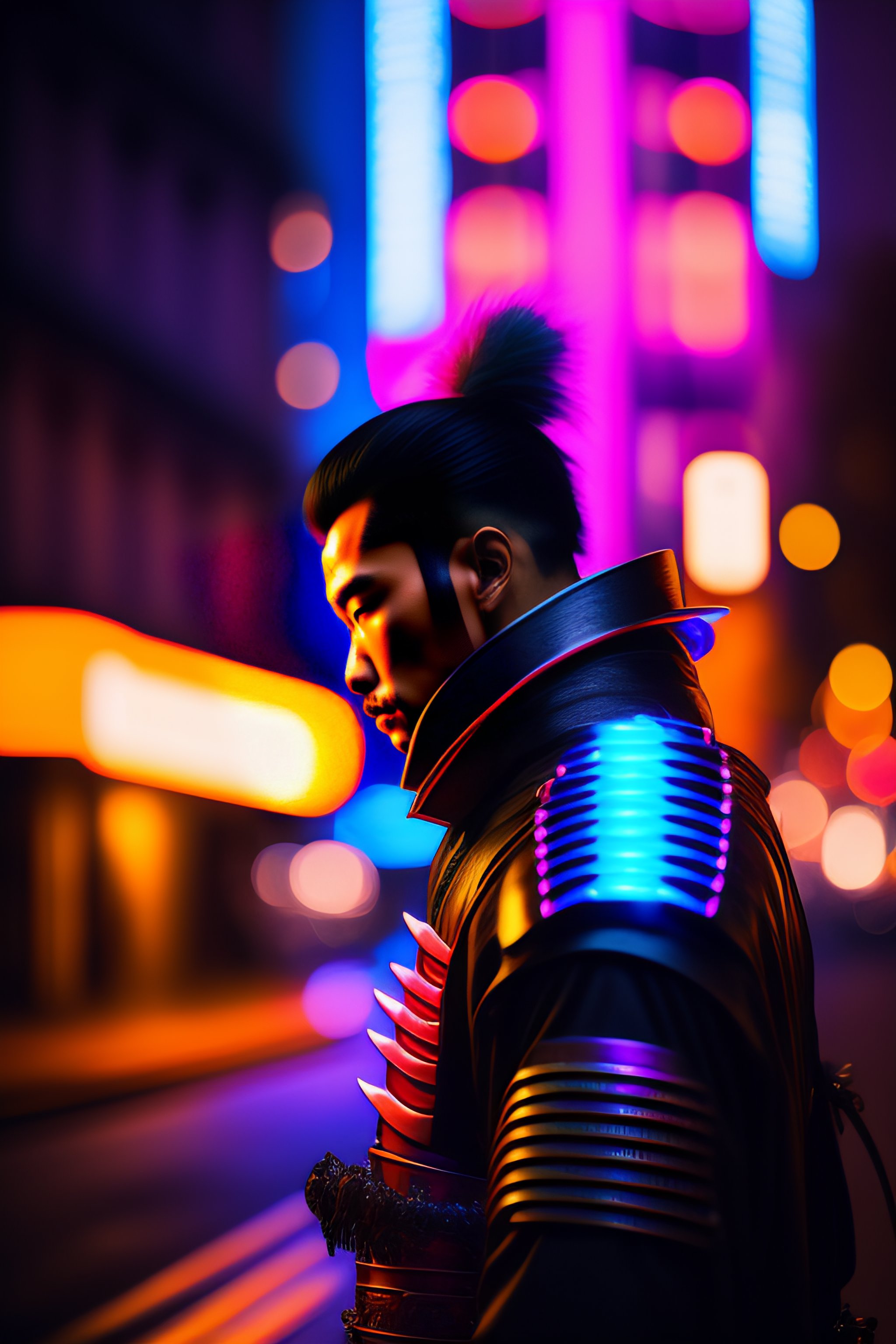 Lexica - Slow shutter speed photo of a cyberpunk samurai with neon ...