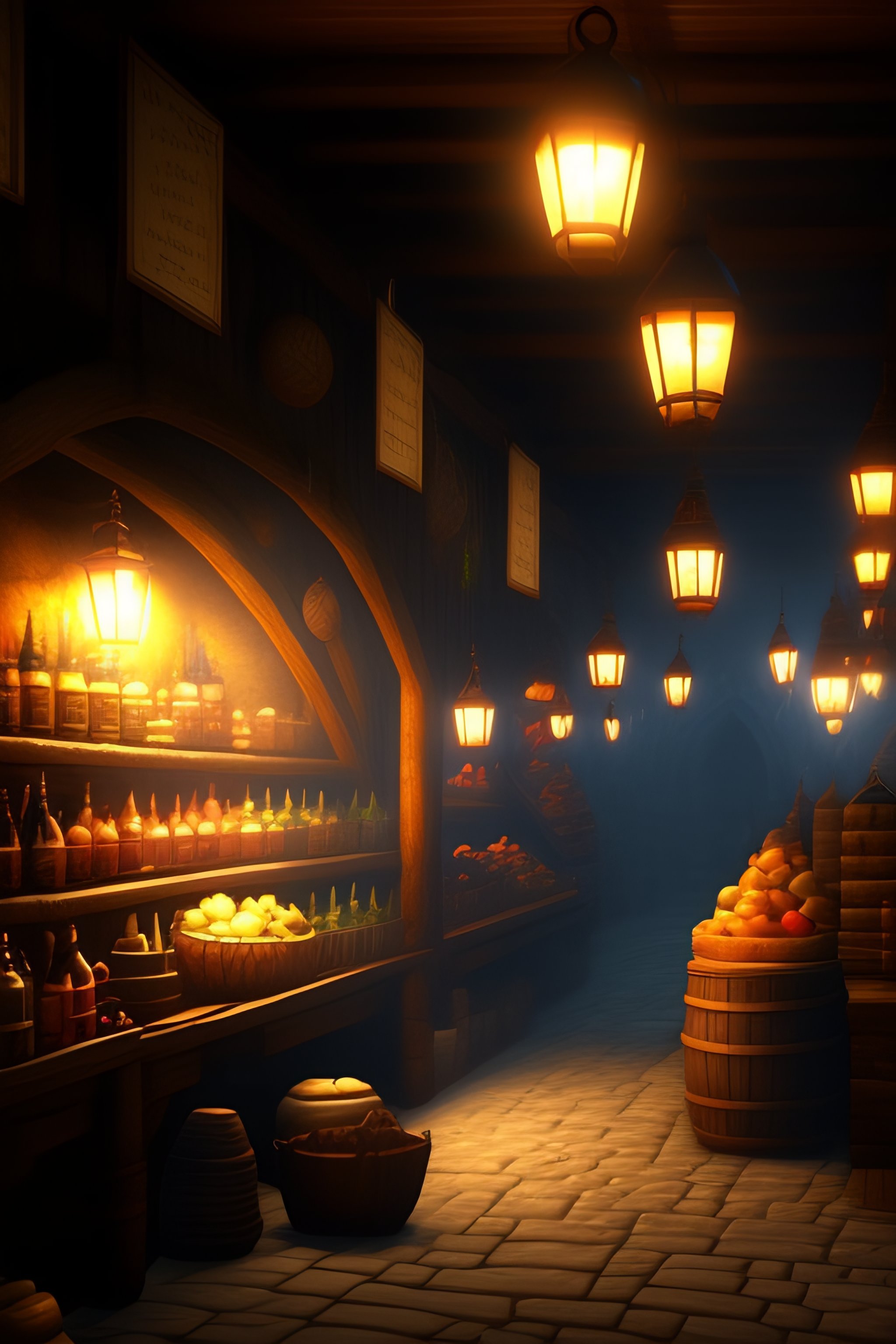 Lexica - Dimly lit medieval fantasy Merchants store, volumetric ...
