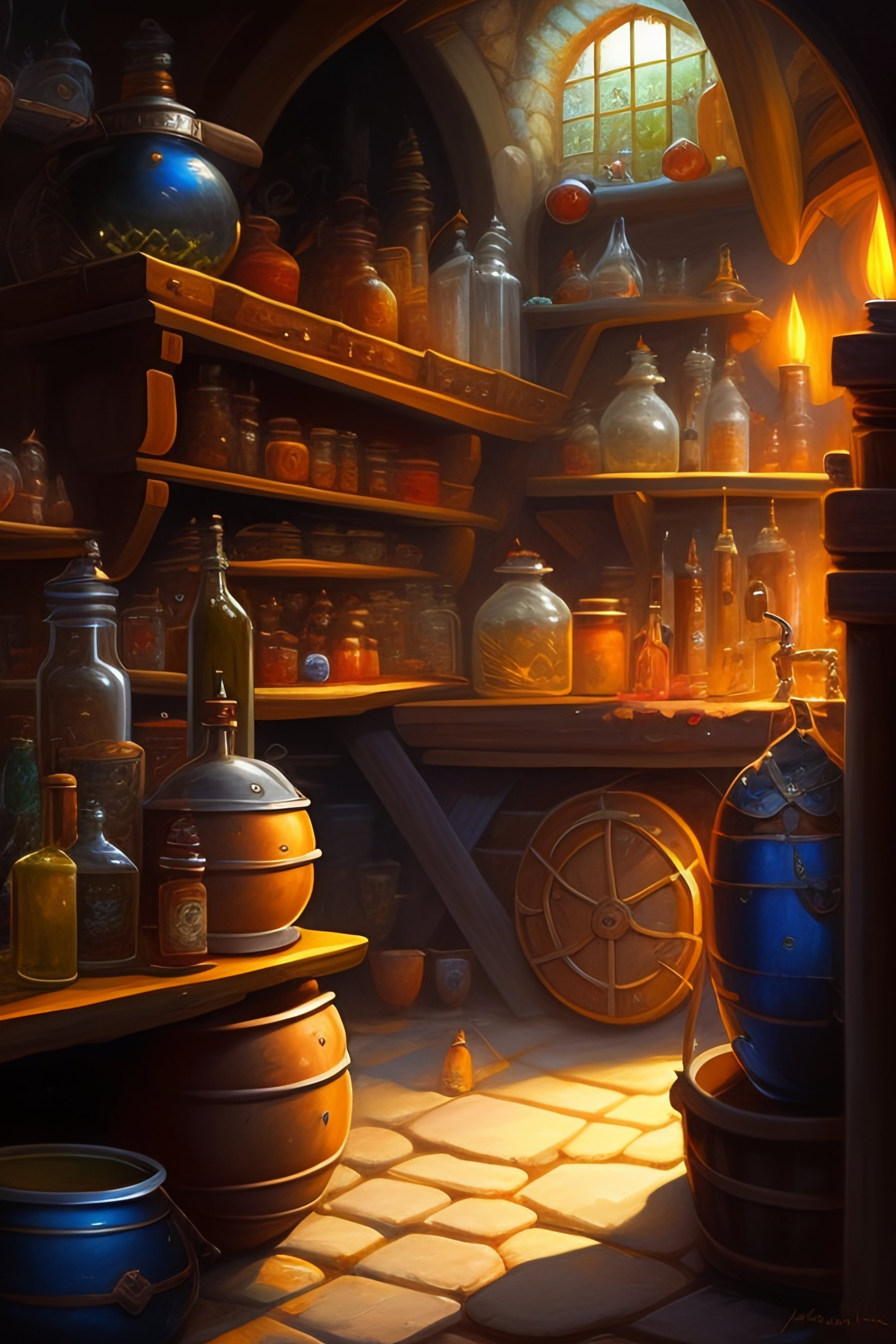 Lexica - Surreal painting of a cluttered fantasy medieval alchemist's ...