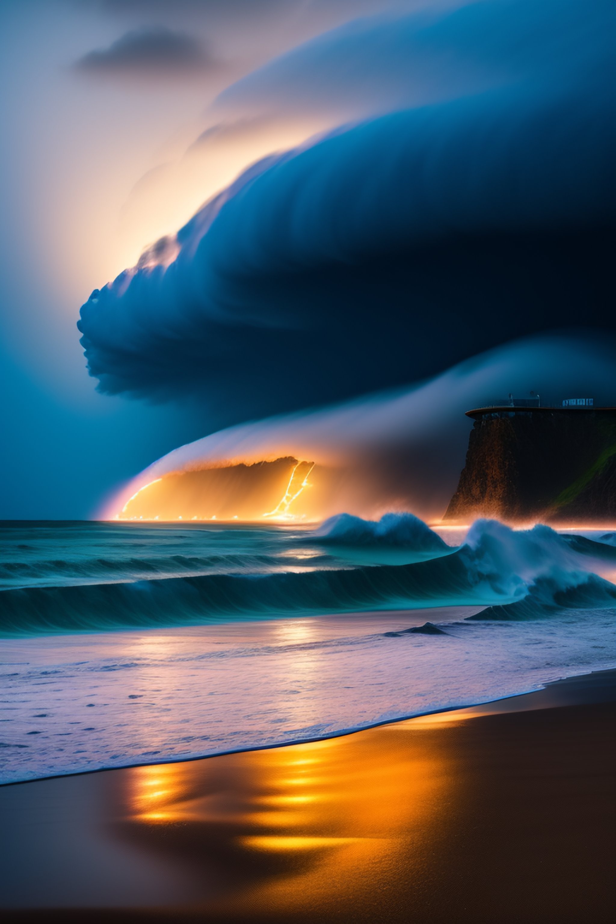 Lexica - A sea storm with flash of lighting on beach near a city with ...