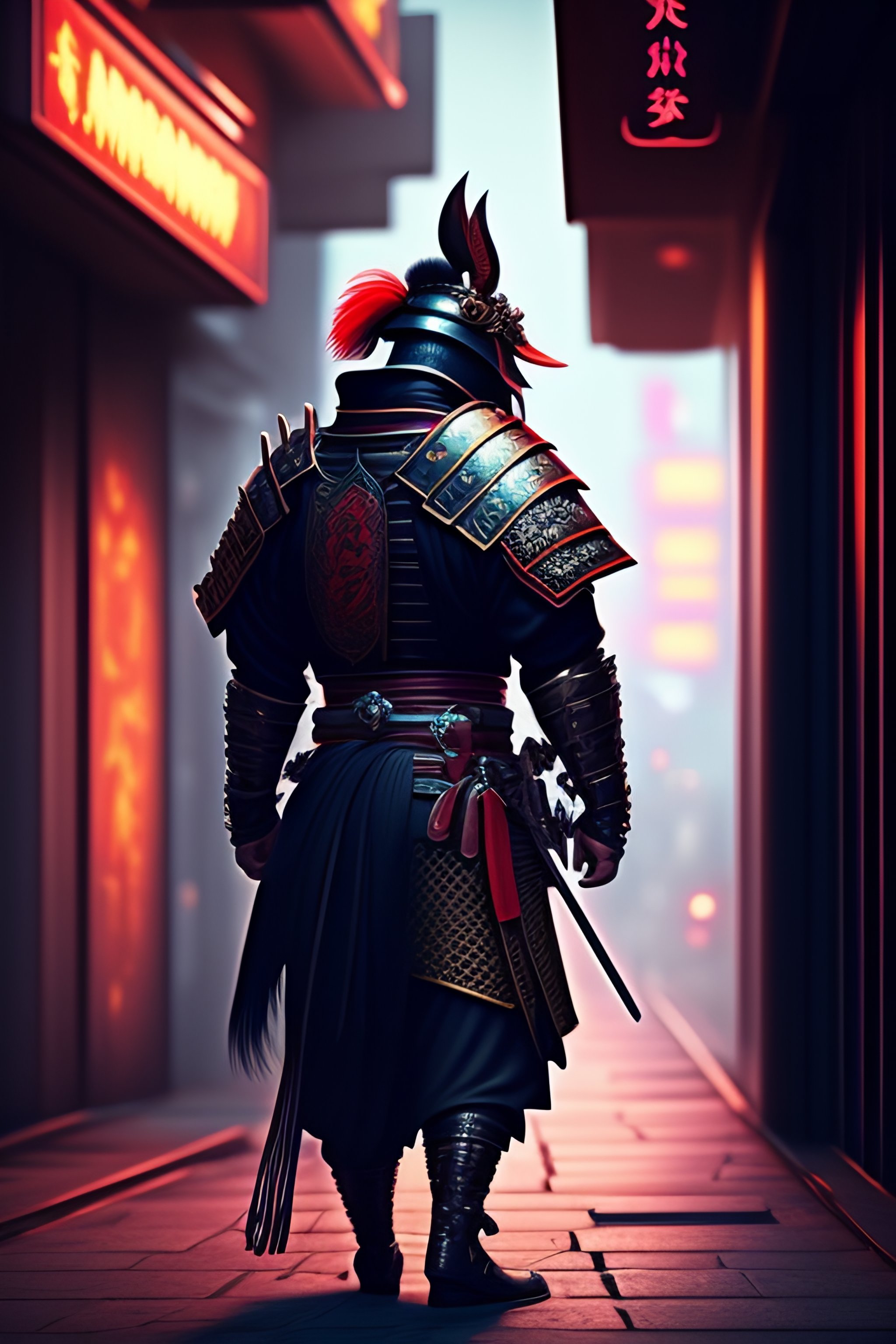 Lexica - Samurai rooster in a cyberpunk alley,
