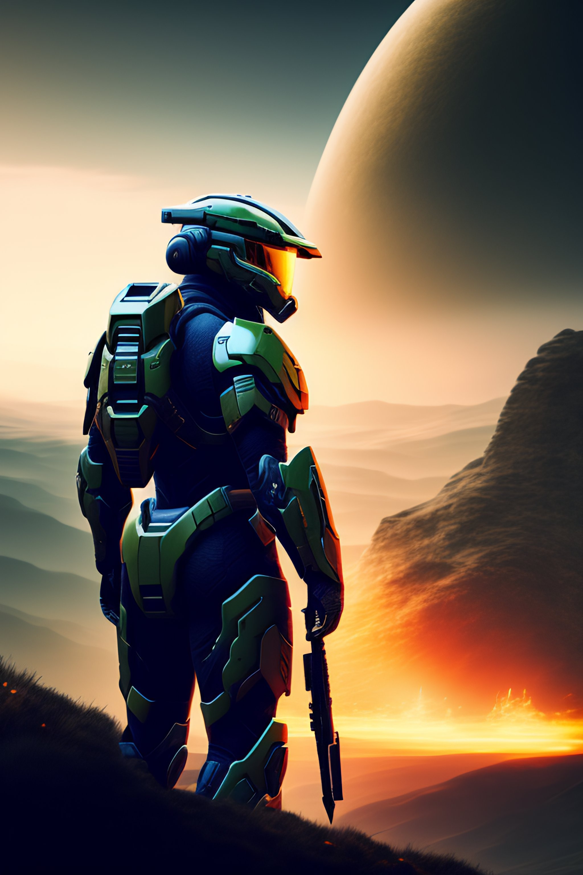 Lexica - Halo master chief on a hill, cinematic, 8 k, back view ...