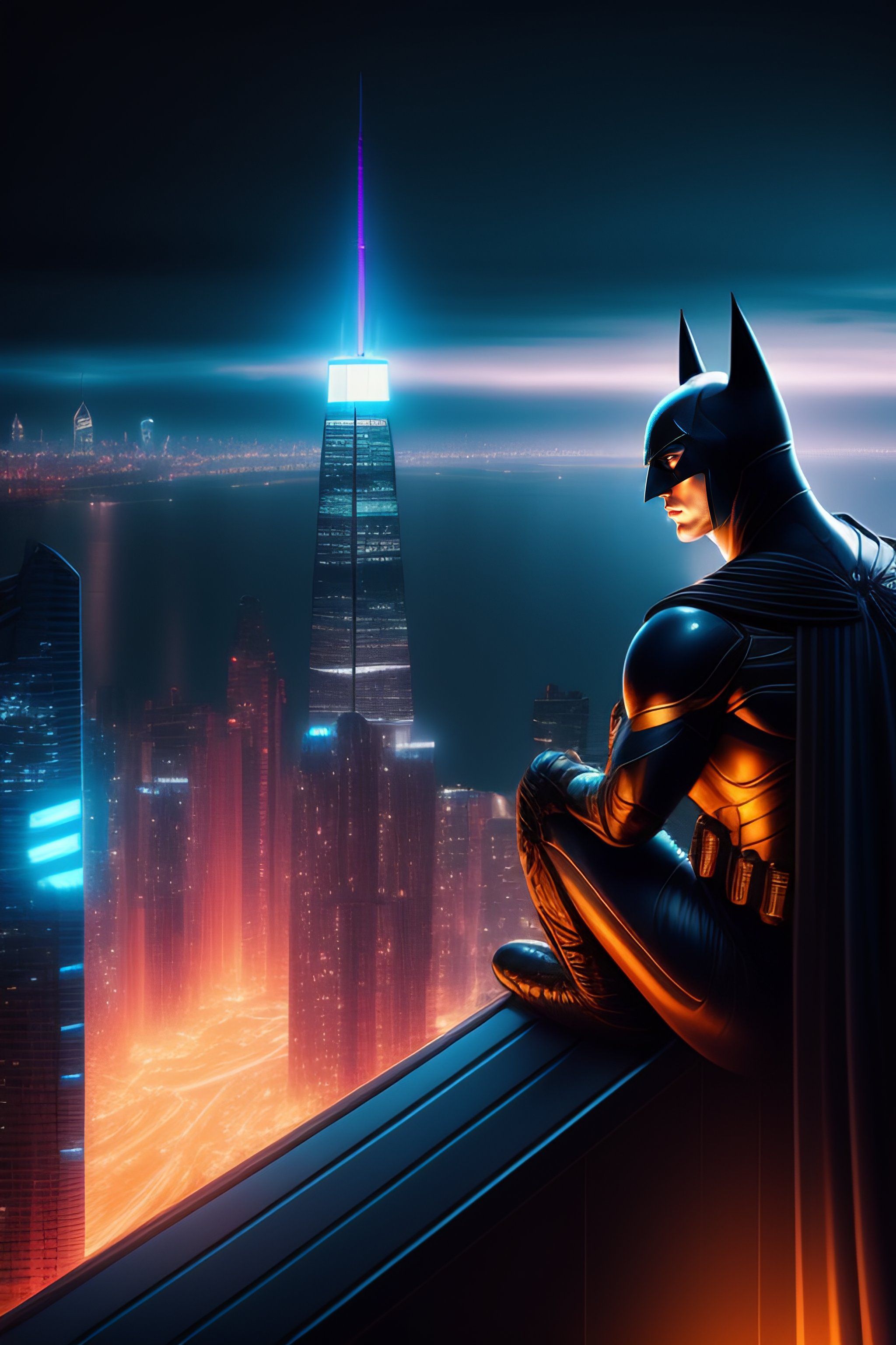 Lexica - A futuristic batman sitting on a roof looking down at a neon ...