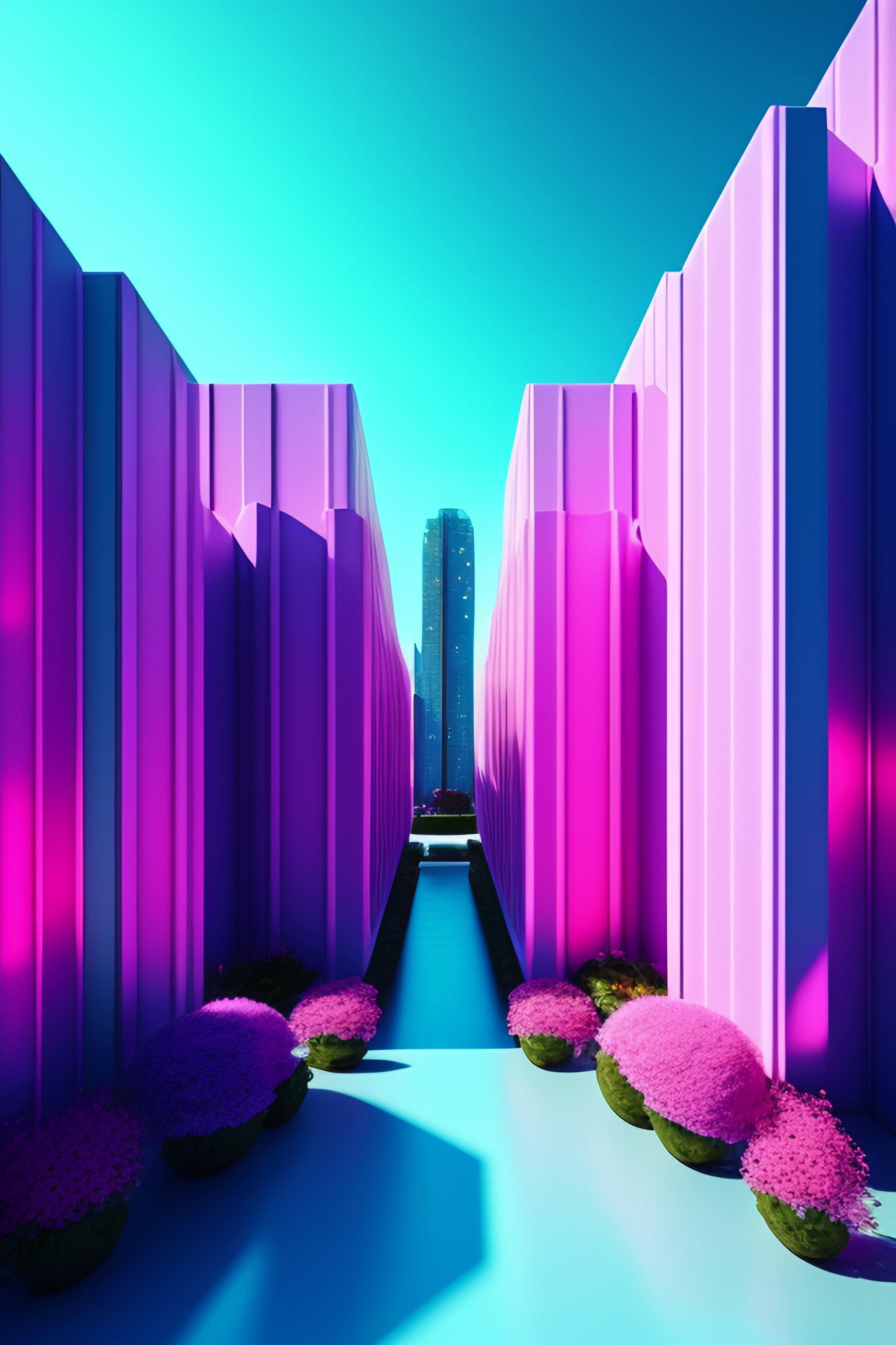 Lexica - Baby blue buildings far above a crystal grove, a magenta ...