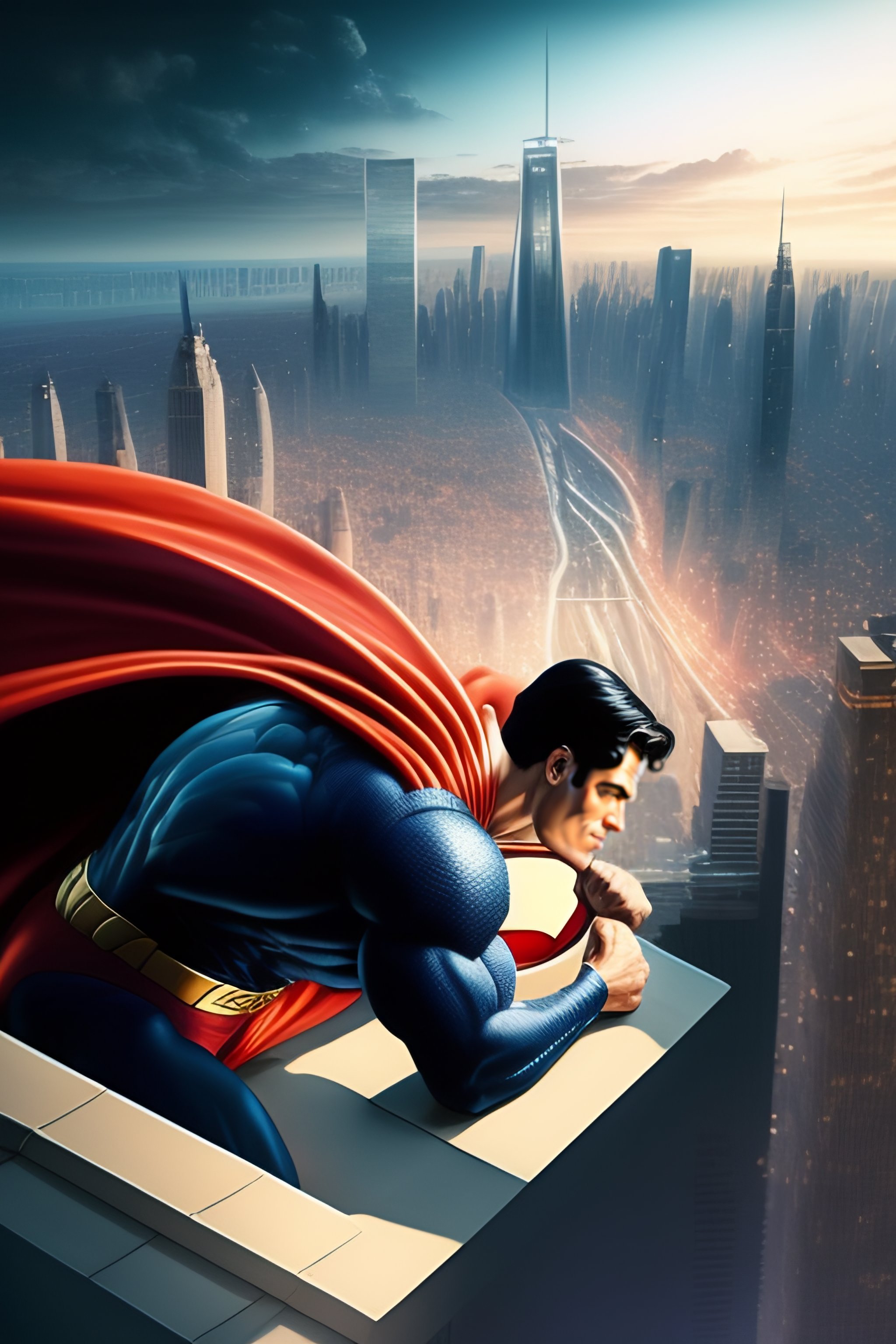 Lexica - Superman sitting on a roof looking down at a city below ...