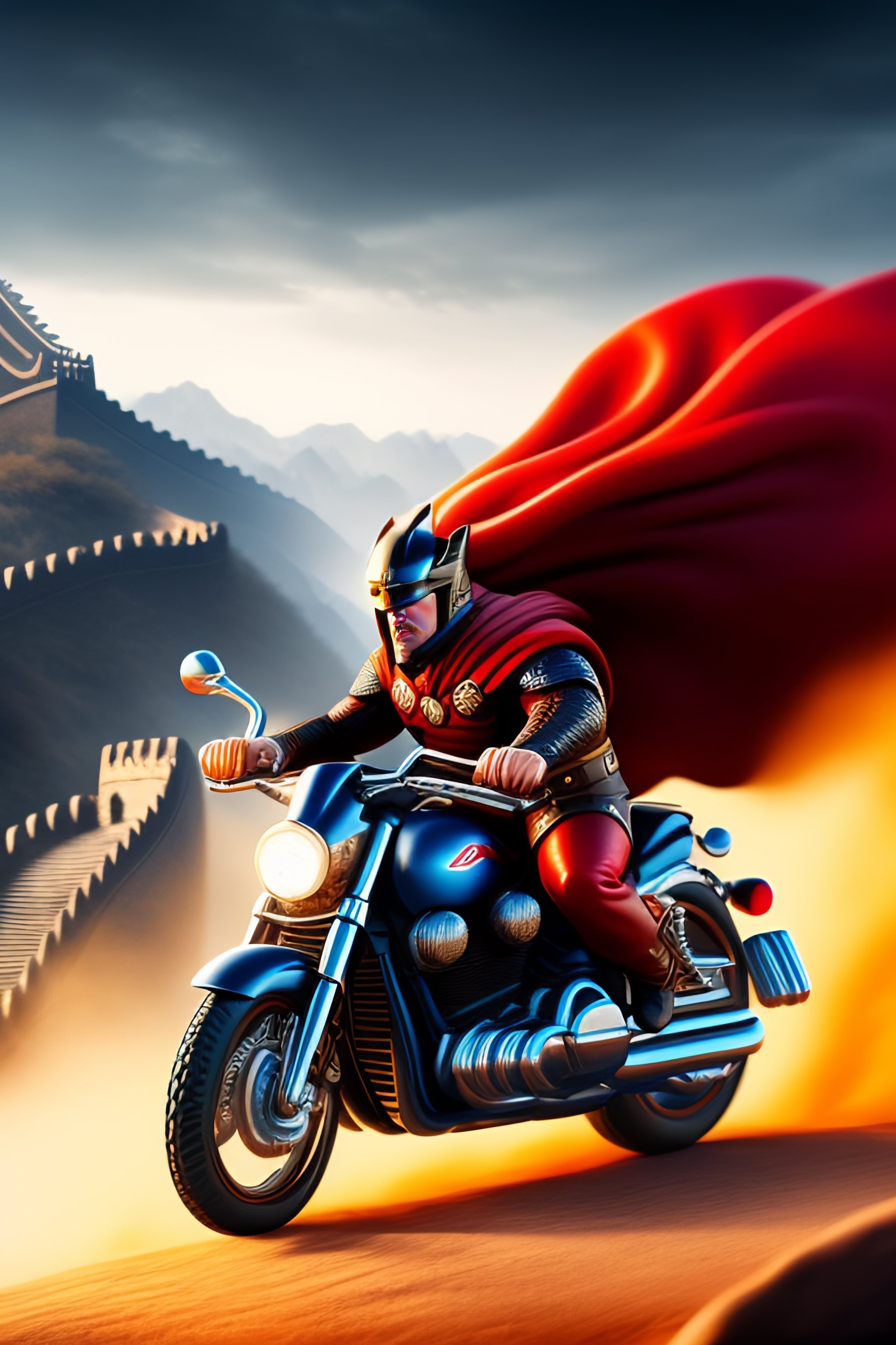 Lexica - An action scene of thor riding a motorcycle, on the great wall ...