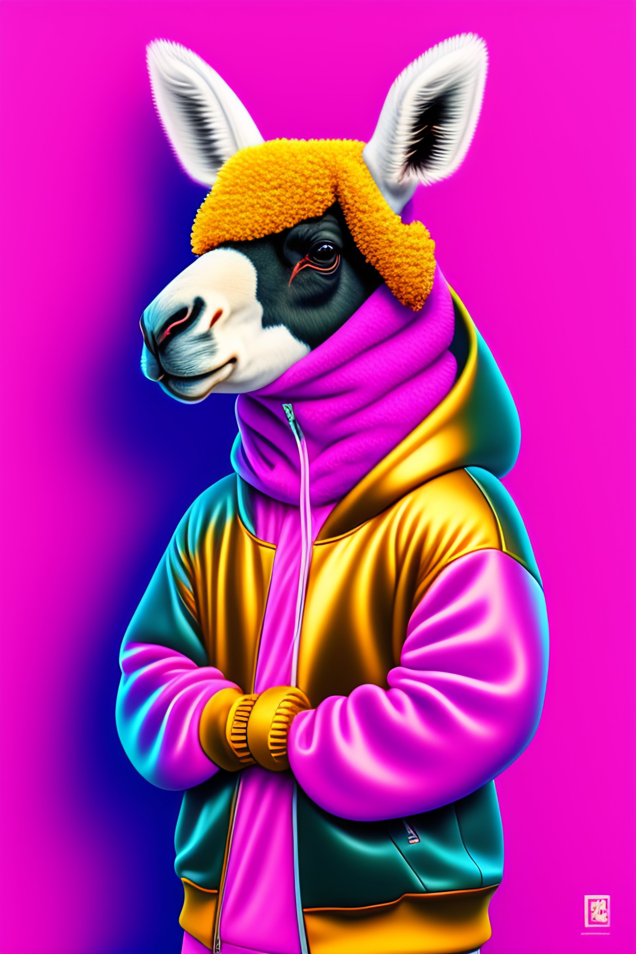 Lexica - A stuffed llama wearing a pink jaguar print hoodie and gold ...