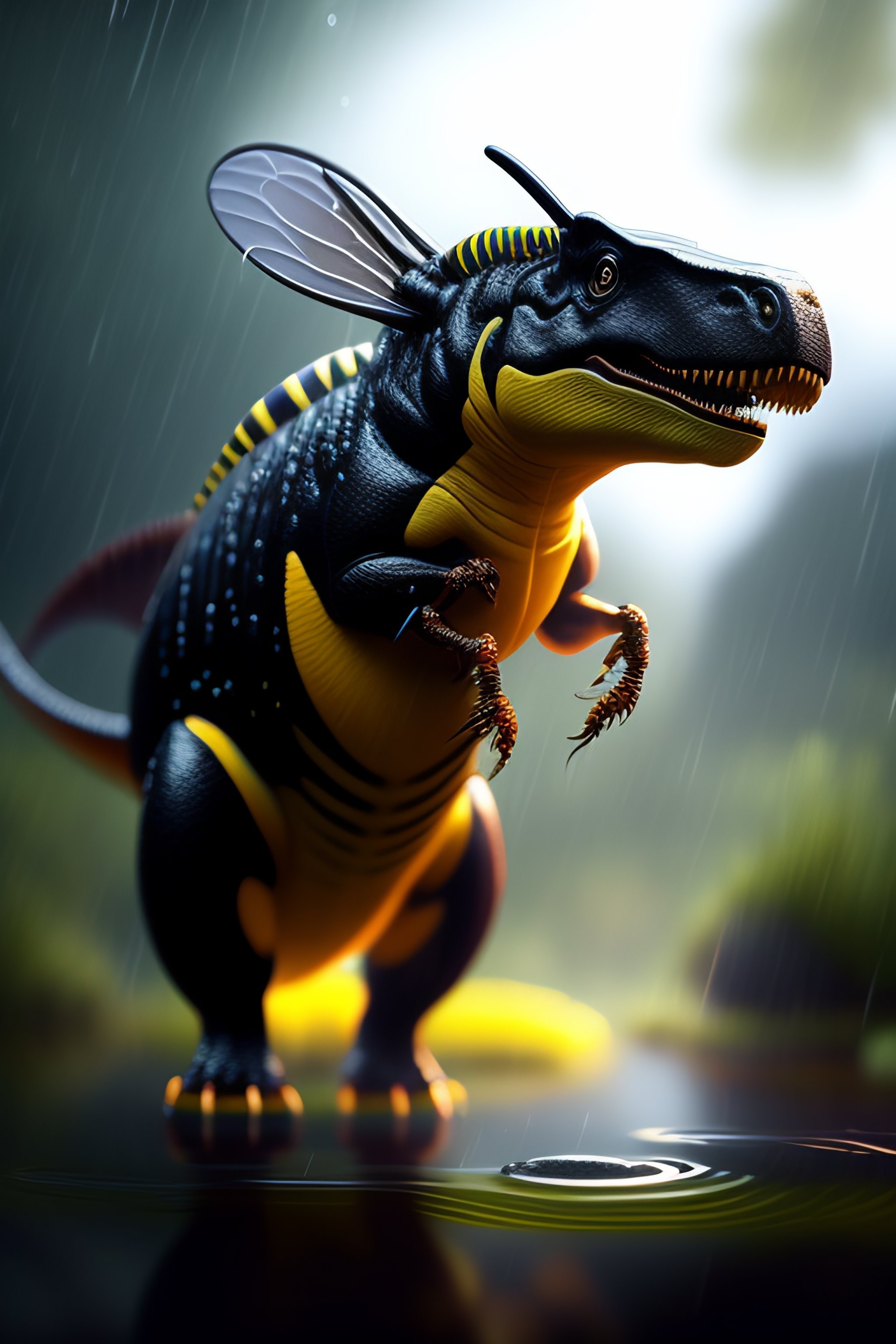 Lexica - T-rex dino bee hybrid, terrifying, rain, unreal engine