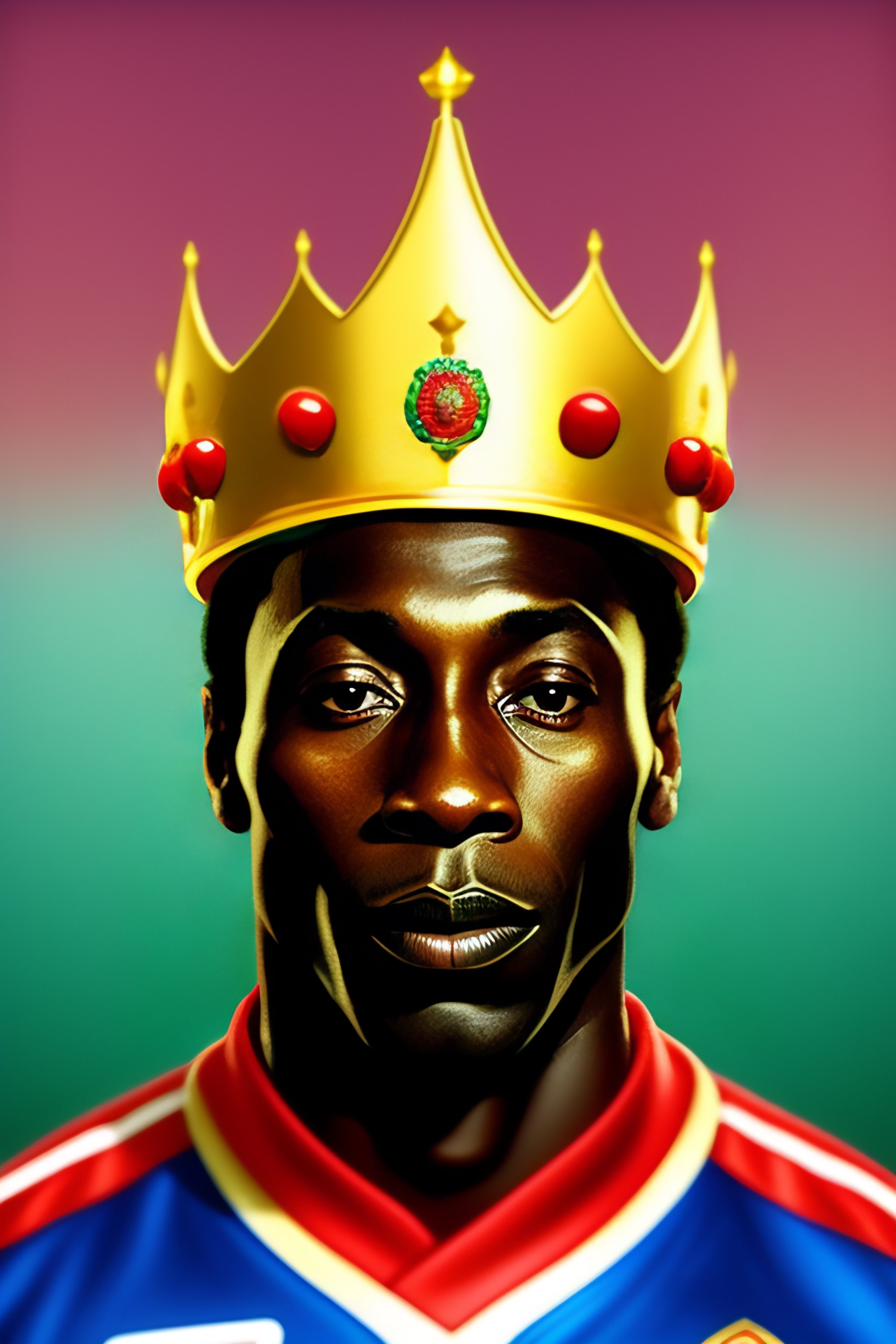 Lexica - Image of footballer Pele with crown on his head realistic cartoon