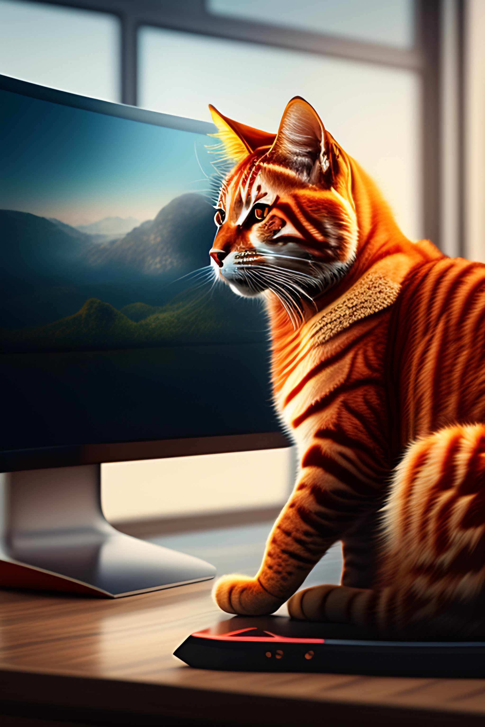 Lexica - Red tiger cat blogging against a PC display.