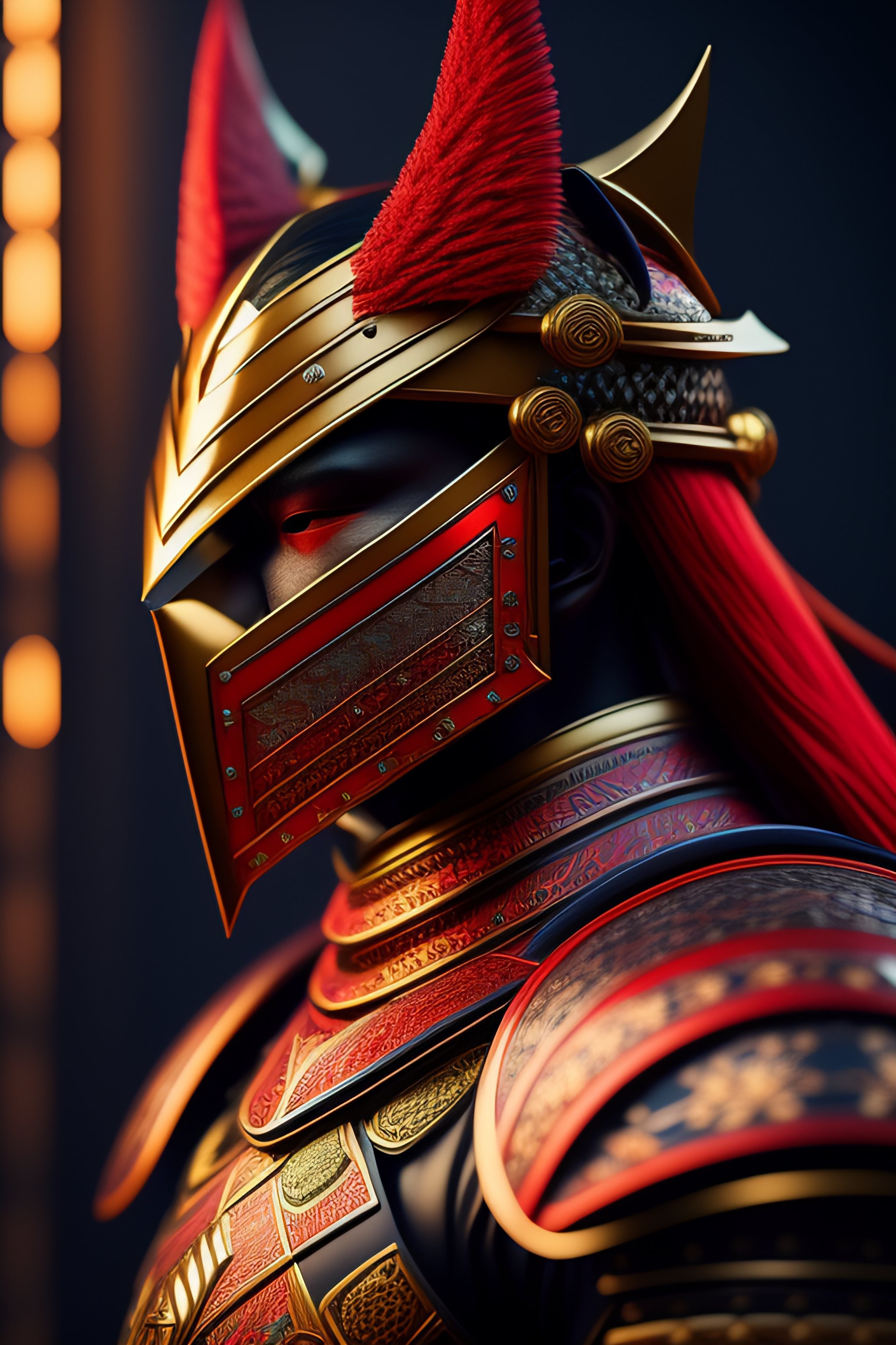 Lexica - Samurai armor, ornament mask, porcelain, wood, vivid colors ...