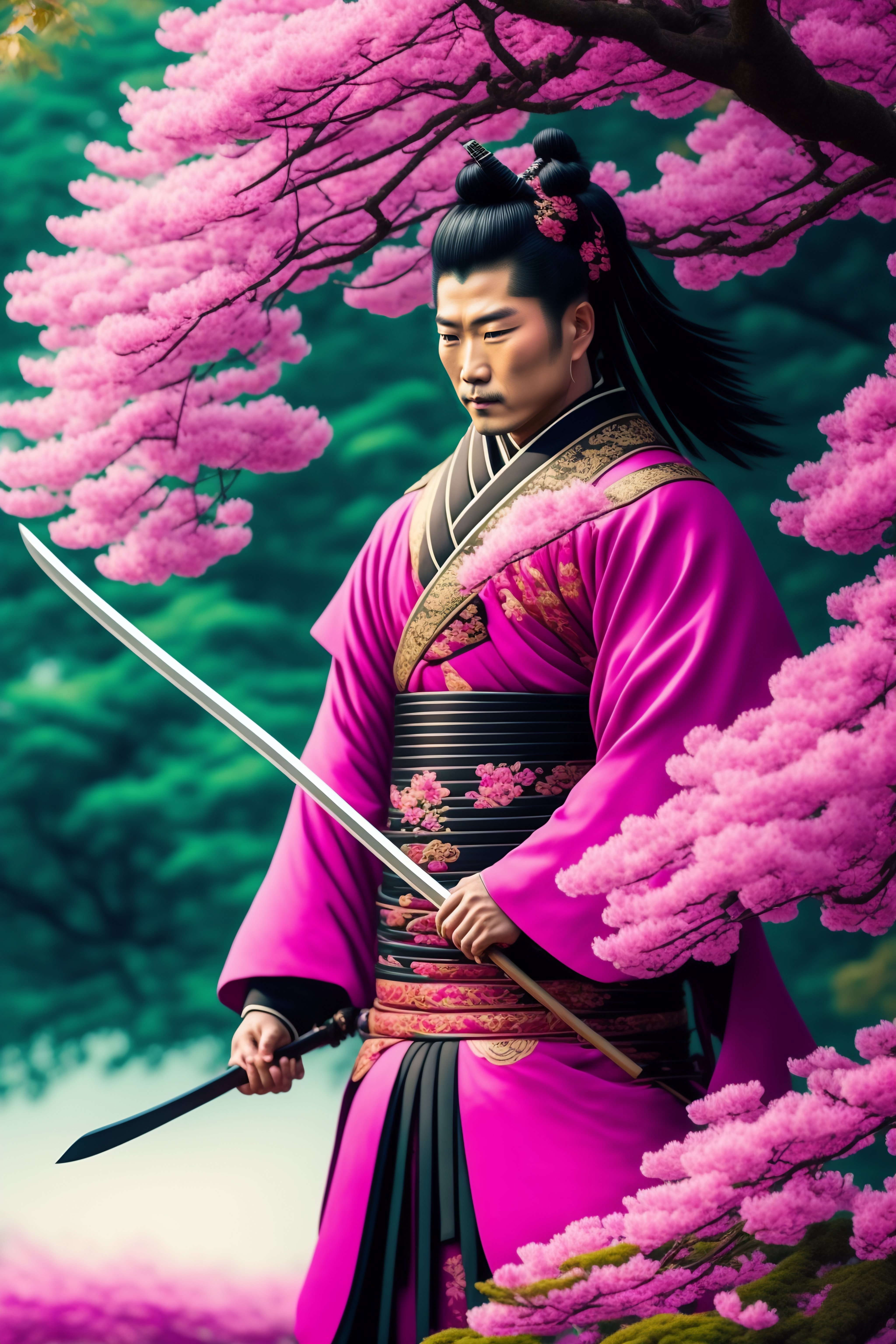 Lexica - Samurai with magenta kimono draws his katana under a sakura ...