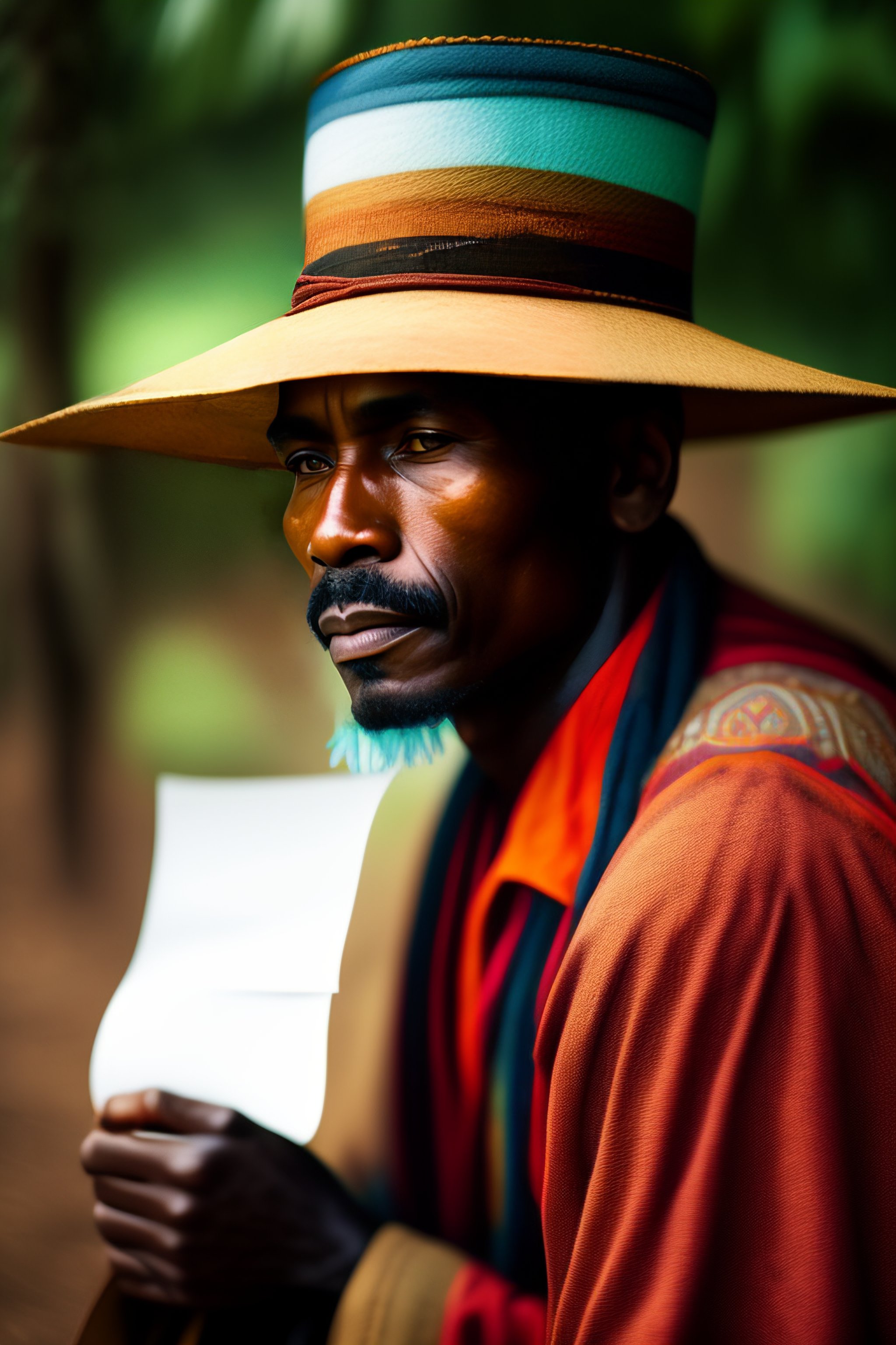 Lexica - Photo of loba man with paper hat, holding a lukasa