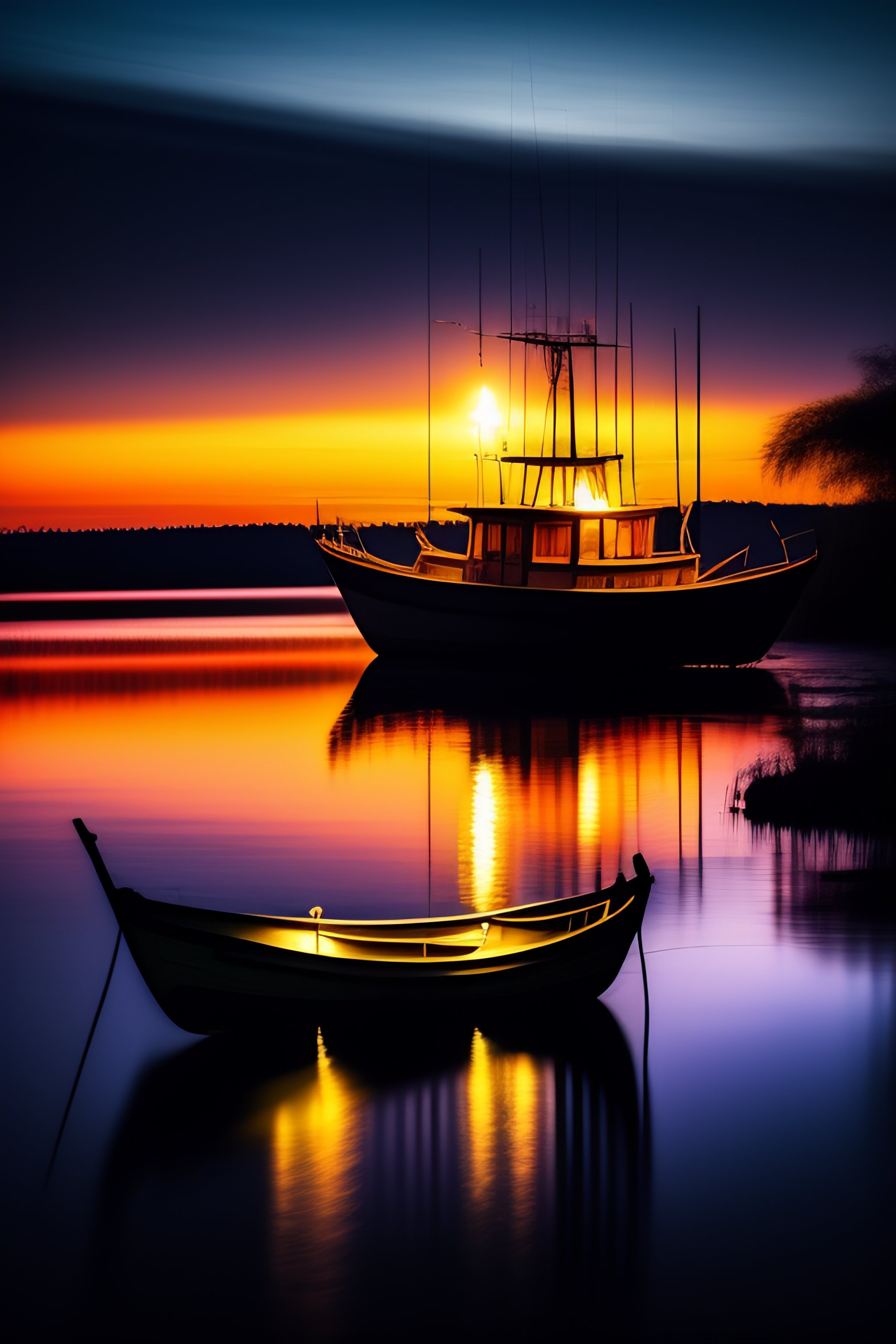 Lexica - Small fishing boats on river at night very dark
