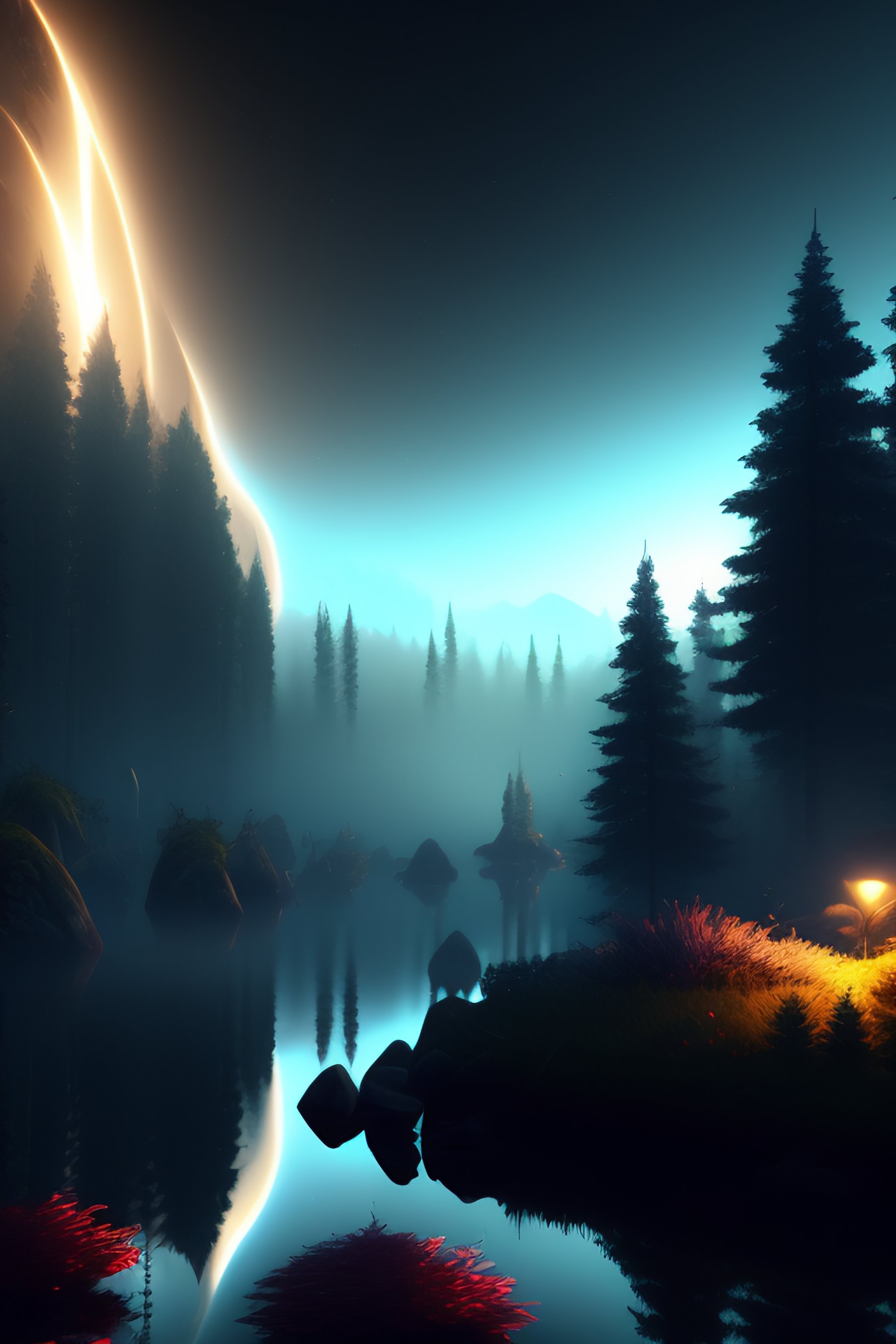 Lexica - A terrifying fantasy black forest, light, shadows, rippling ...