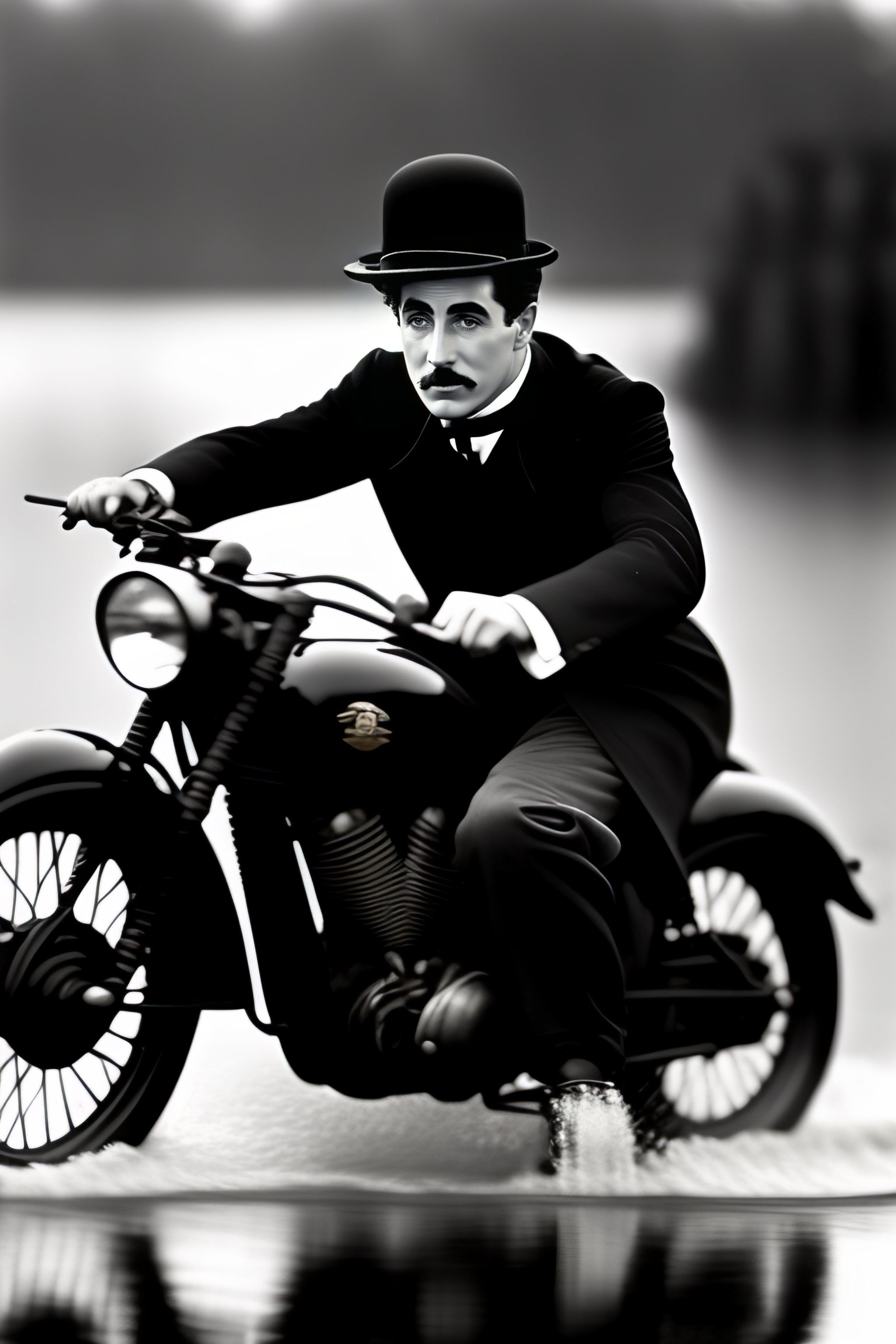 Lexica - Charlie Chaplin driving a motorbike on a water surface while ...