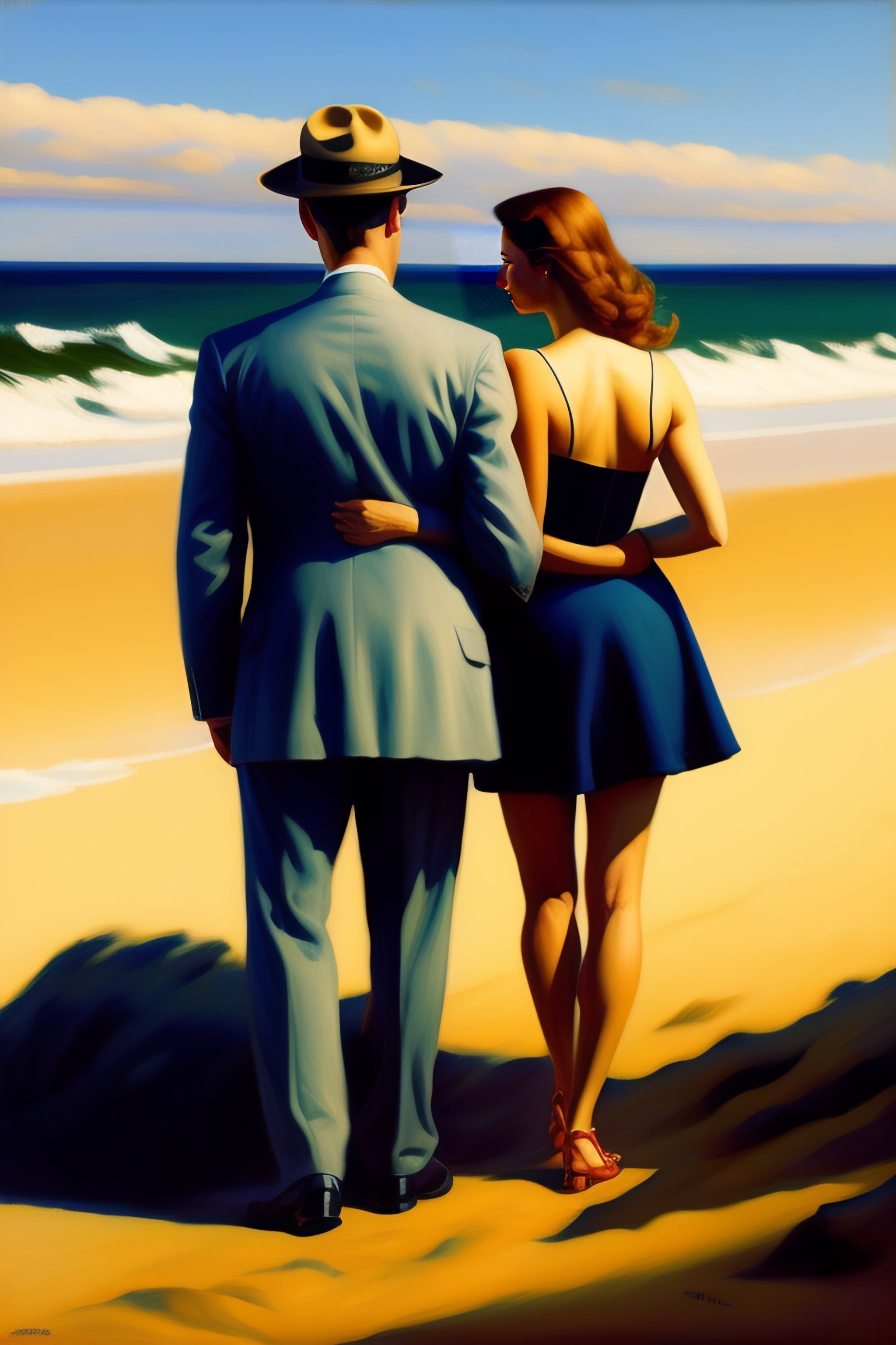 Lexica - Edward hopper style painting of a couple on the beach