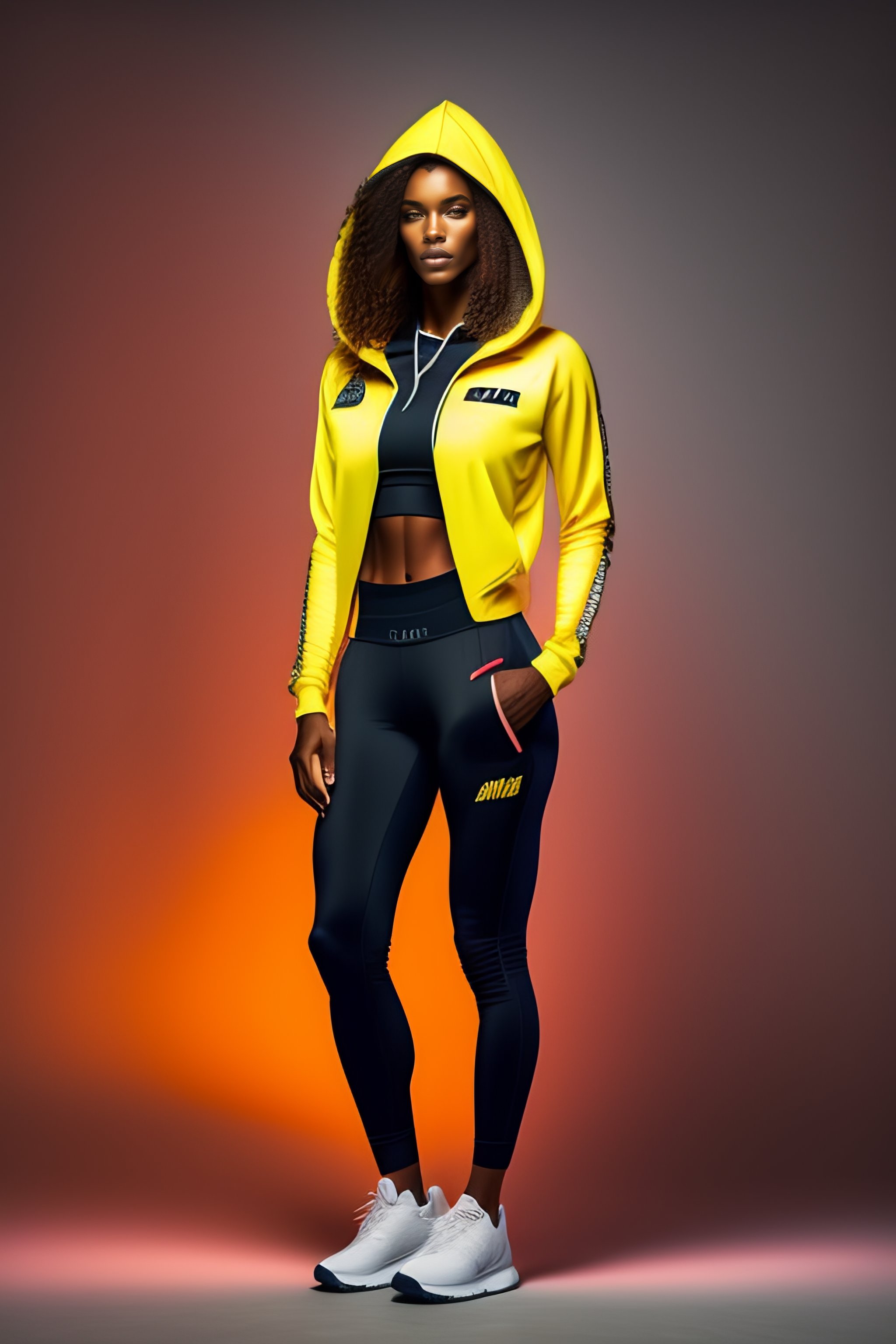 Lexica - Full-length female model, hoodie, sports chic, surrealism