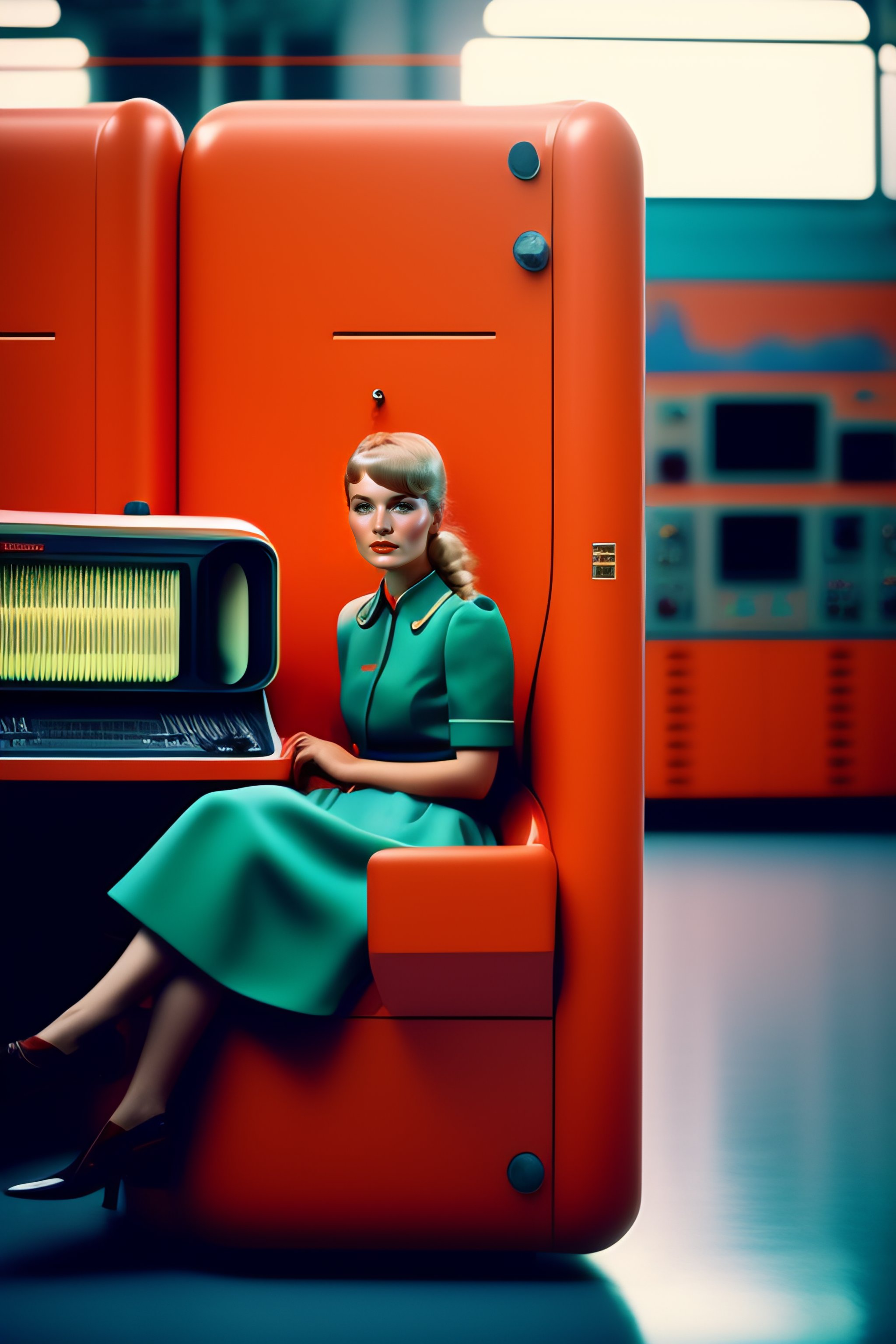 Lexica - A Soviet girl sitting in a chair in front of a colorful soviet ...