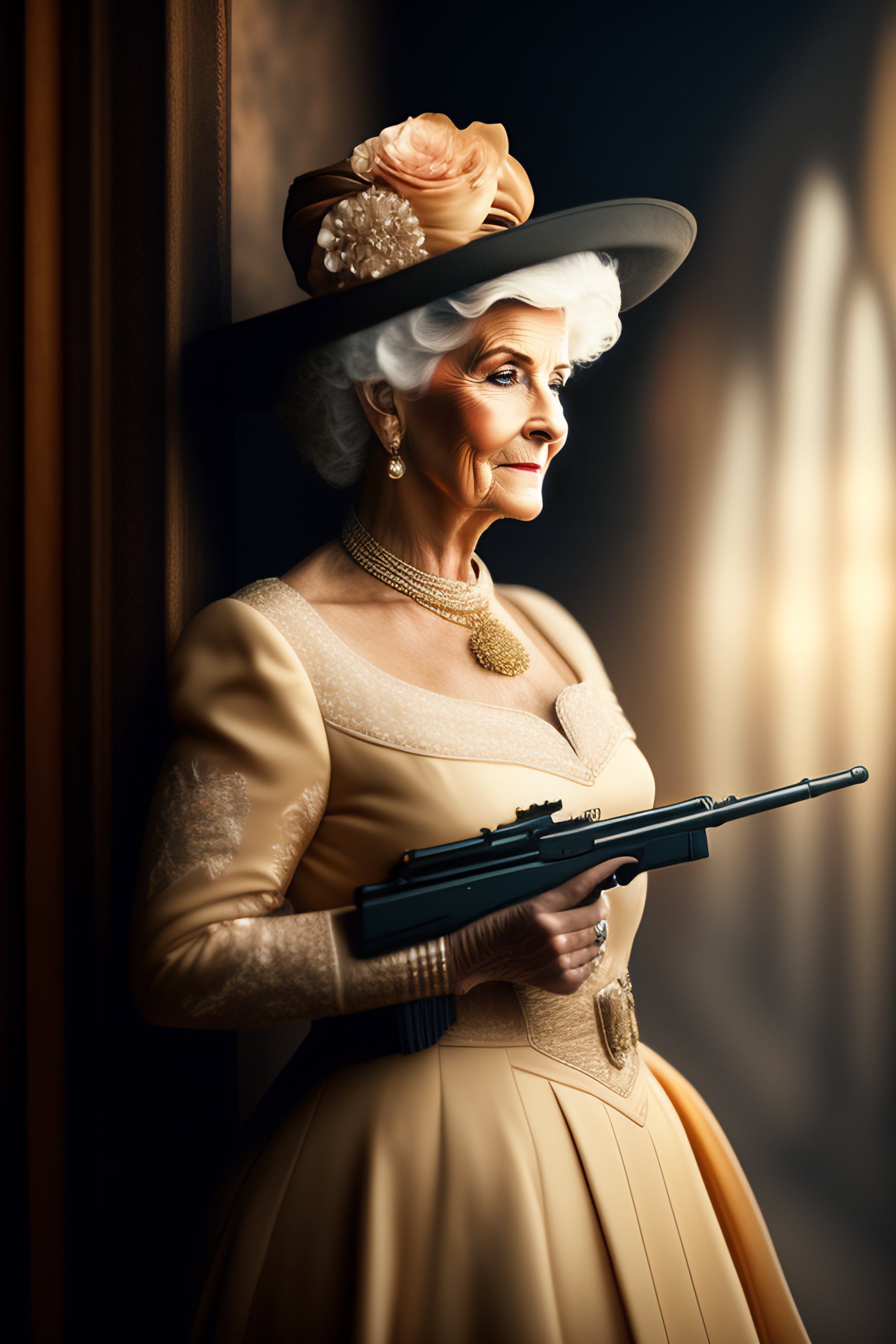 Lexica - Old ellegant lady holding gun