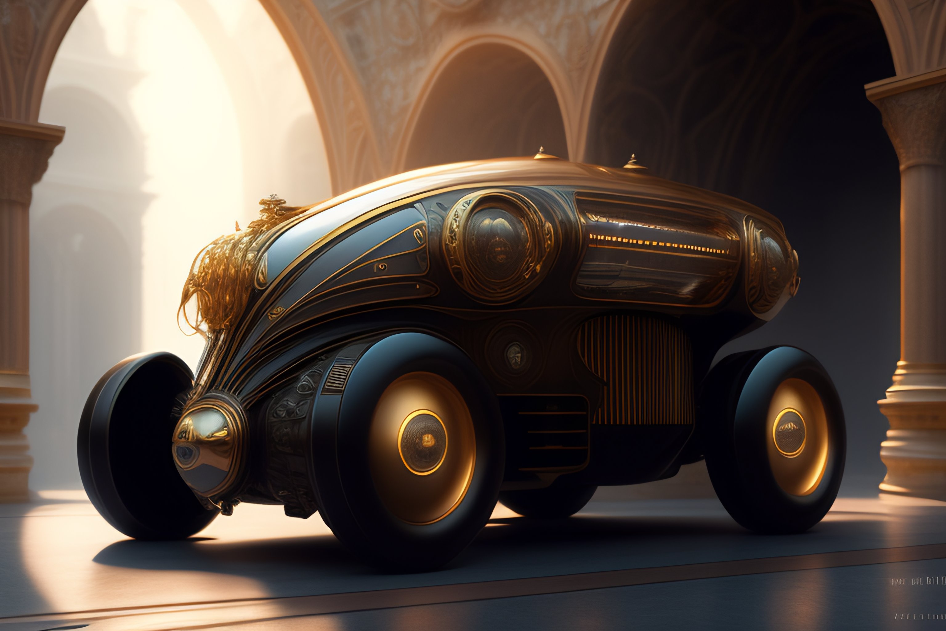 Lexica - Wide shot of a minimal biomechanical steampunk vehicle ...