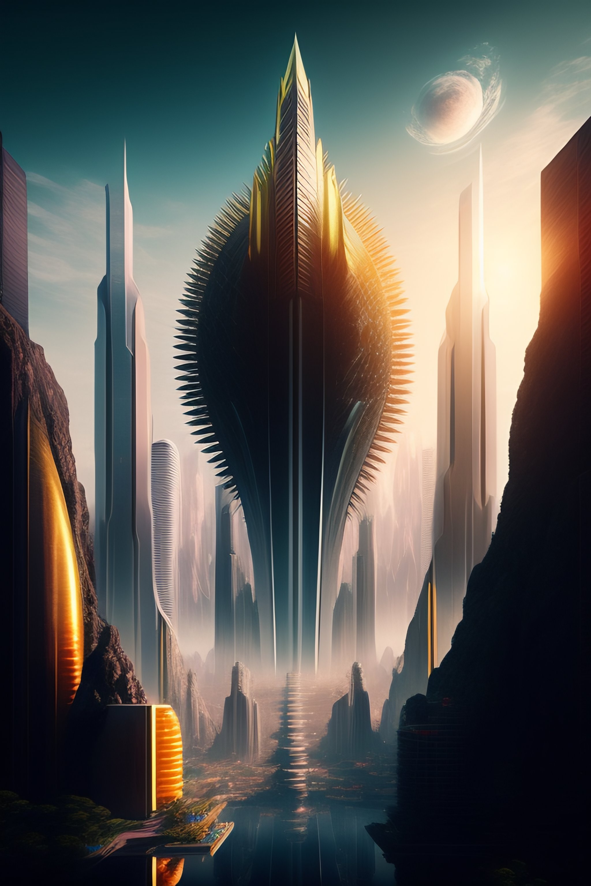 Lexica - A giant scary spiky marble in the middle of a futuristic city ...