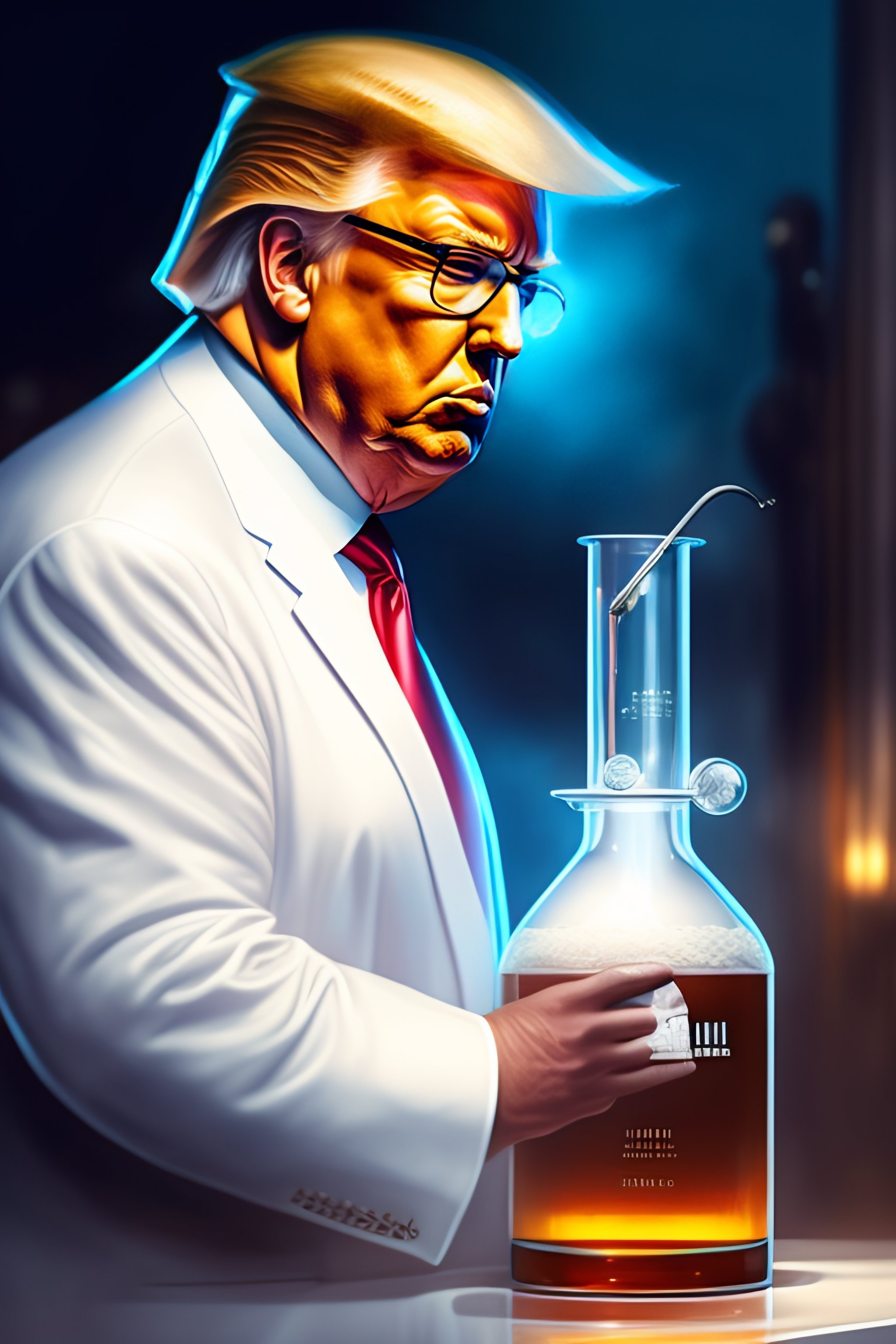 Lexica - Donald Trump holds a ehrlenmeyer flask at eye level, wearing a ...