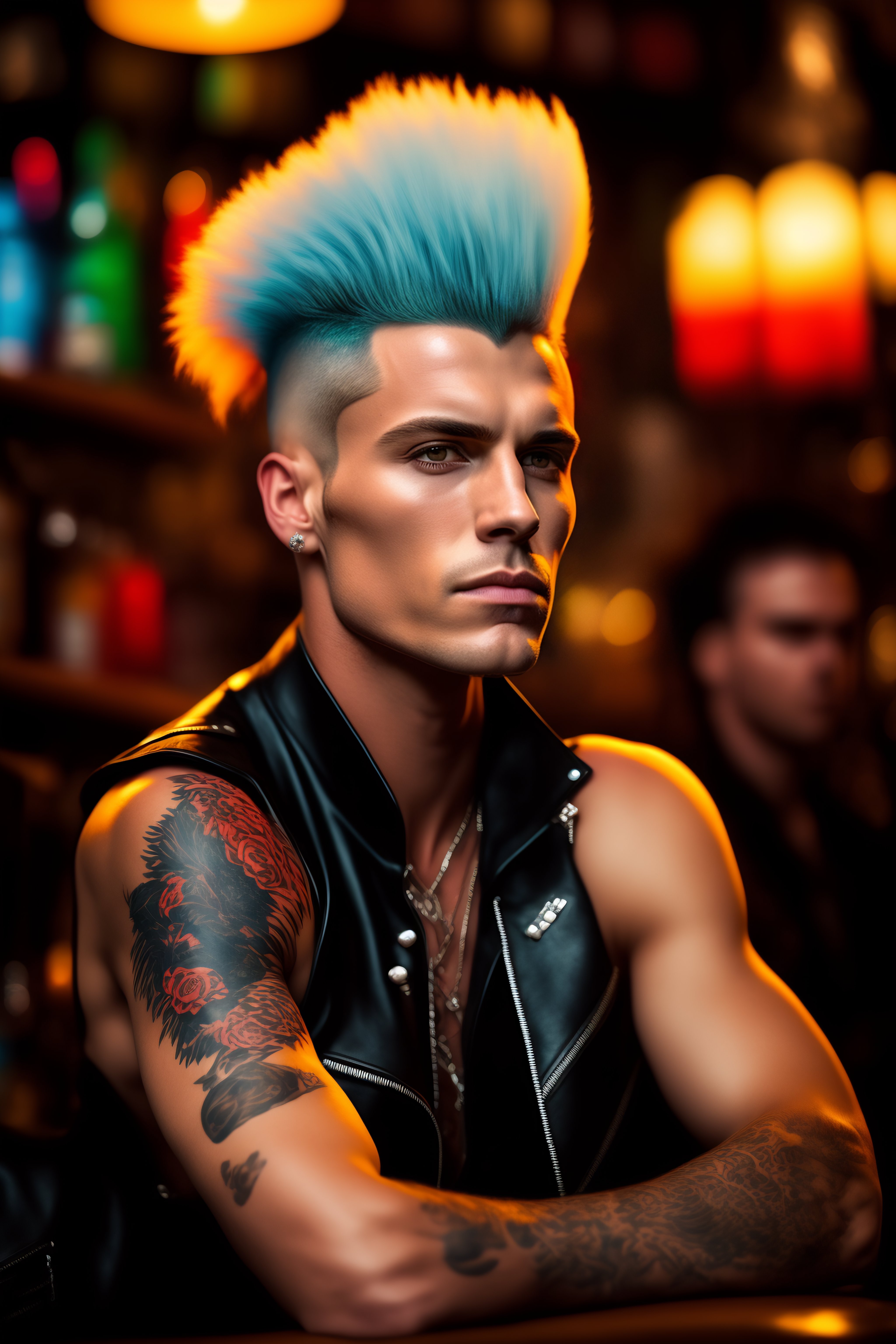 Lexica - Portrait of a punk rocker sitting in a bar, mohawk haircut, photo