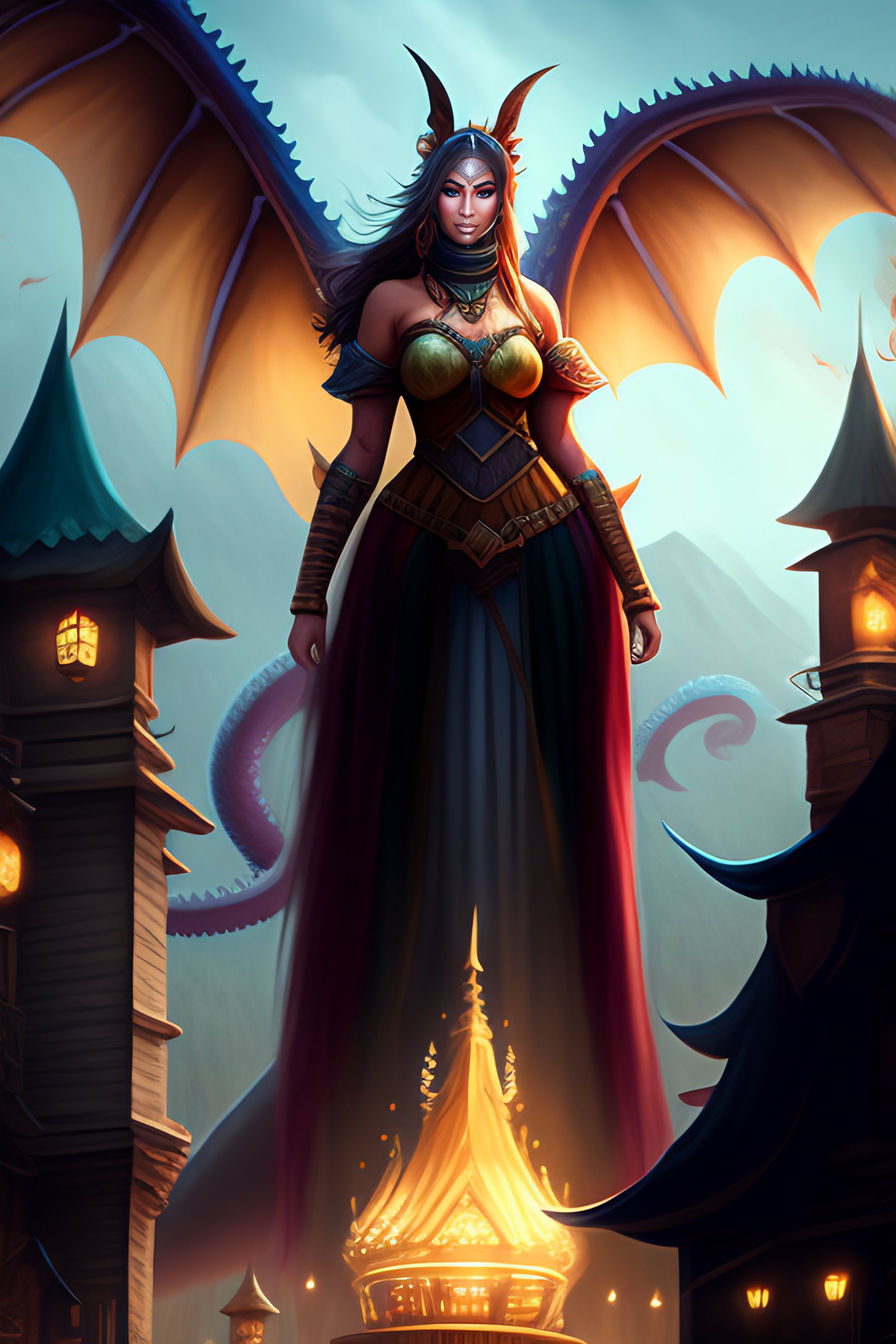 Lexica - Giant Dragoness woman, towering over a fantasy village