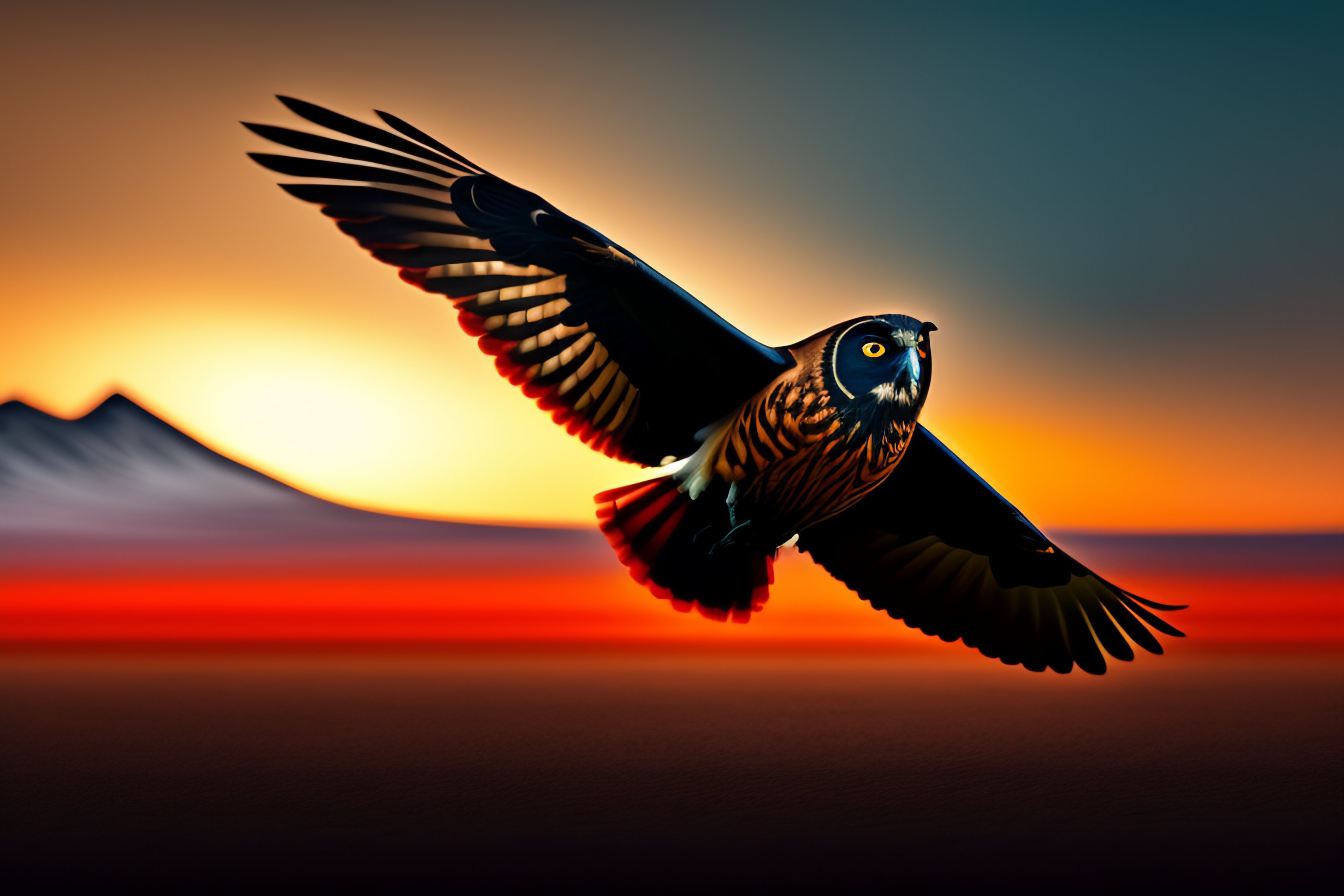 Lexica - Epic picture of a black,golden, red owl, flying around the earth.