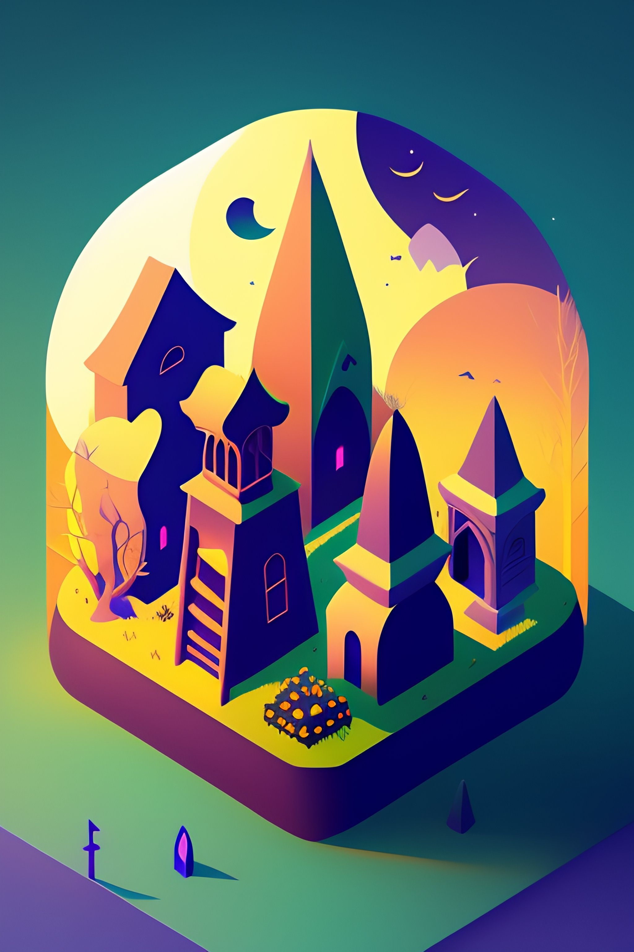 Lexica - Isometric render of a spooky graveyard by a town, solid shapes ...