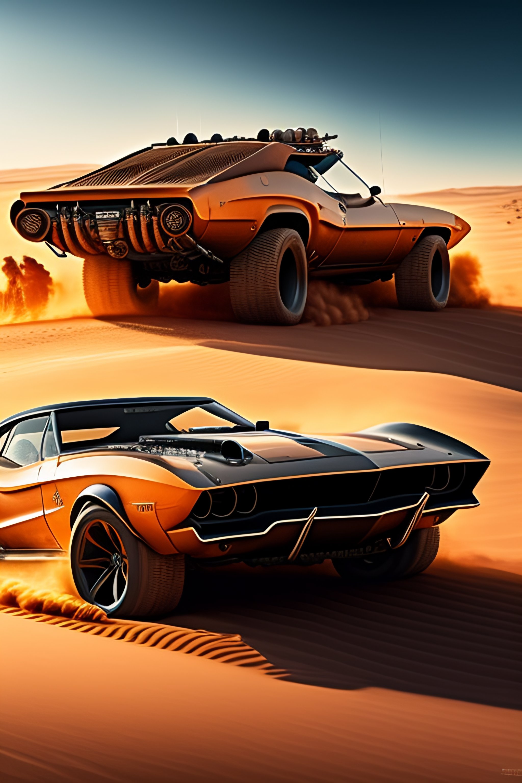 Lexica - An environmental concept art from mad max fury road, single muscle car speeding through ...