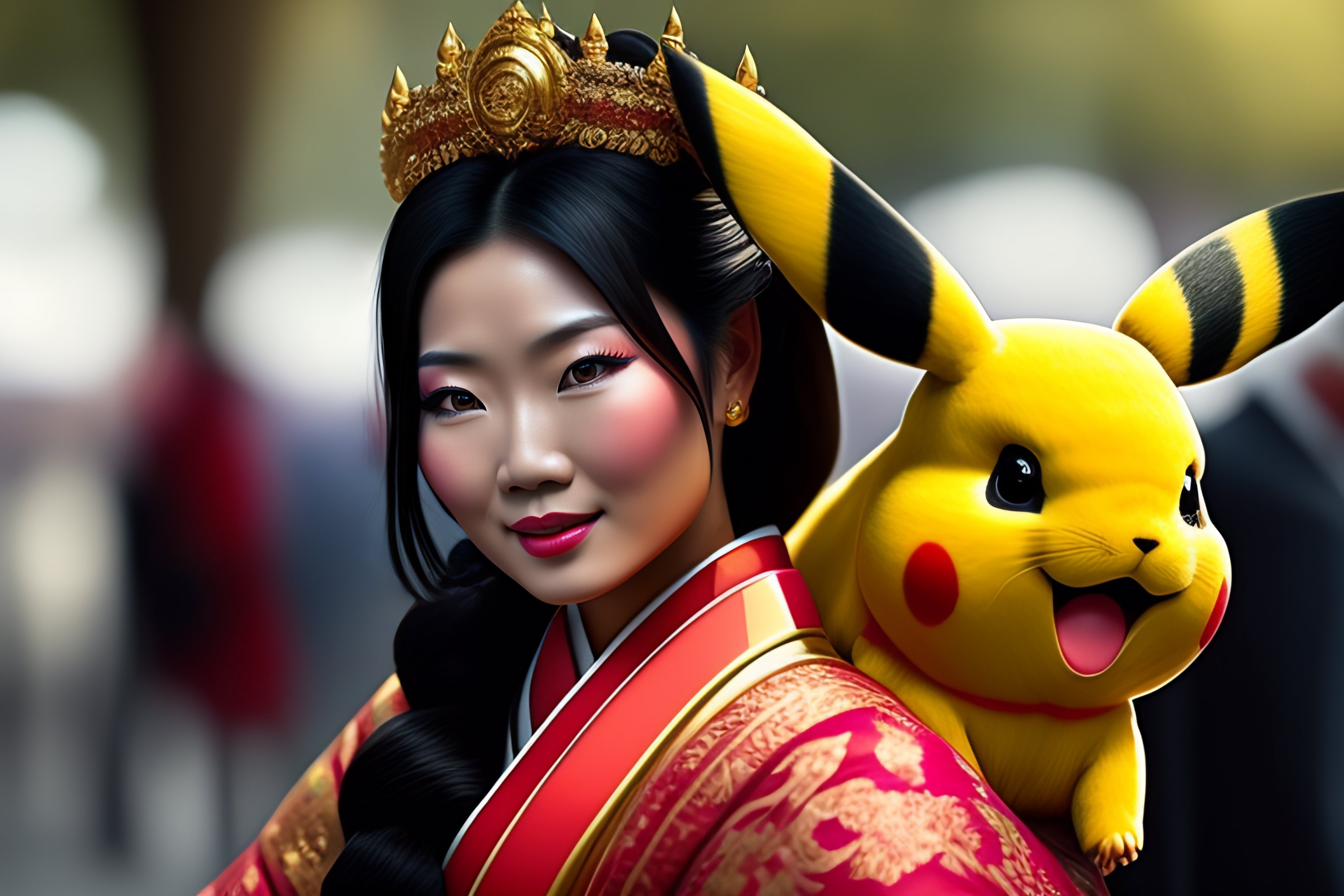Lexica - A beautiful asian geisha holding a pikachu