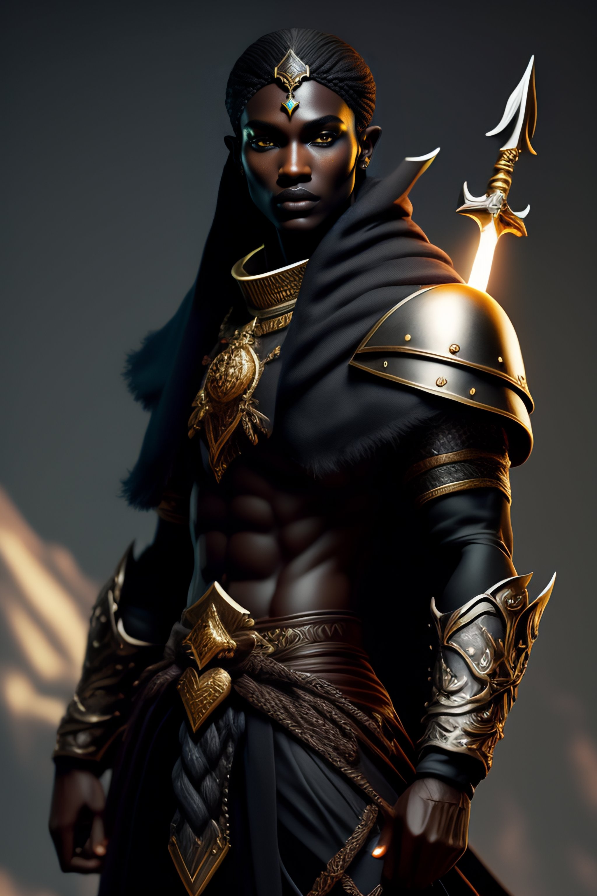 Lexica - Dark grey skinned magus elf with black sword