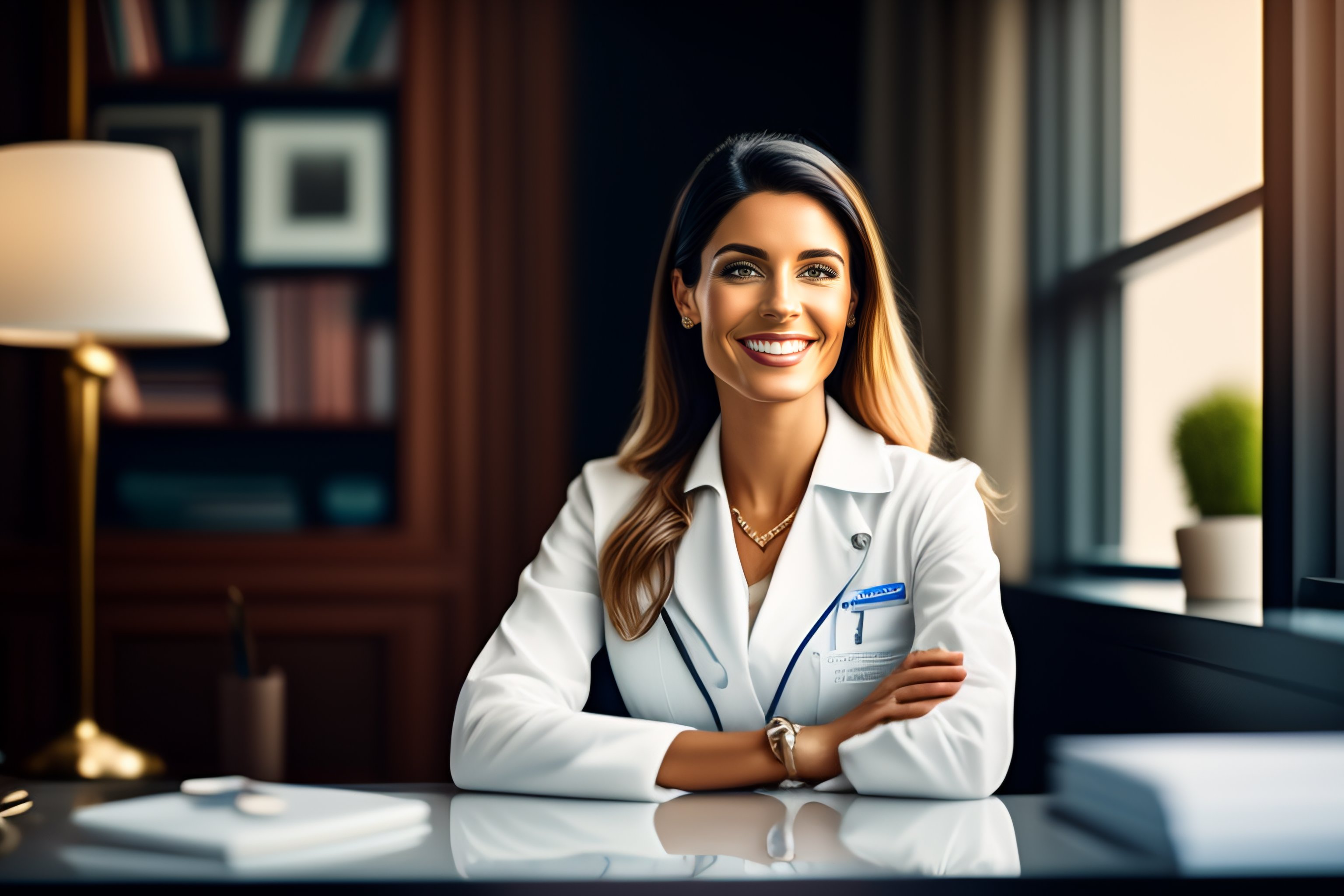 Lexica - Realistic portrait of a young female psychiatrist smiling in ...