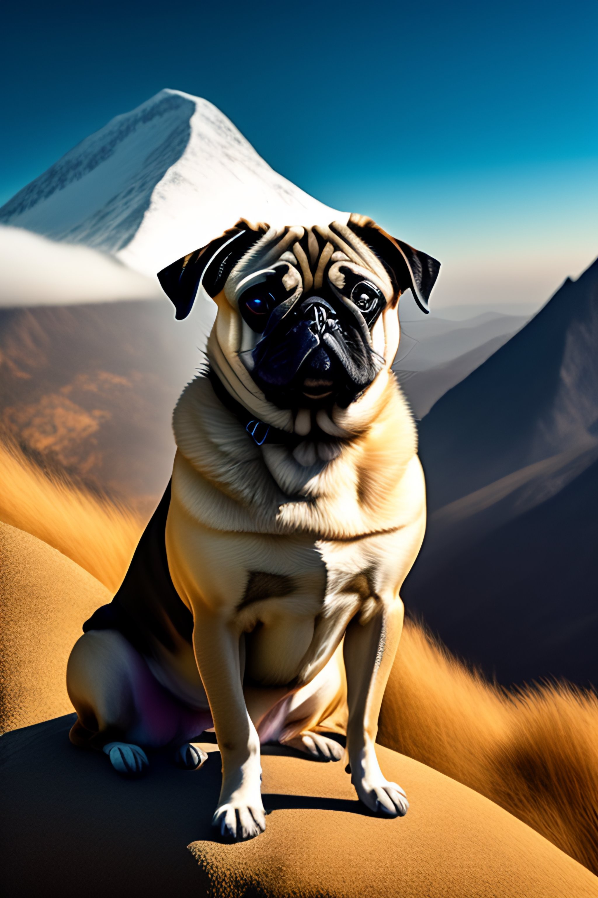 Lexica - Real pug, human body, suit, mountain background