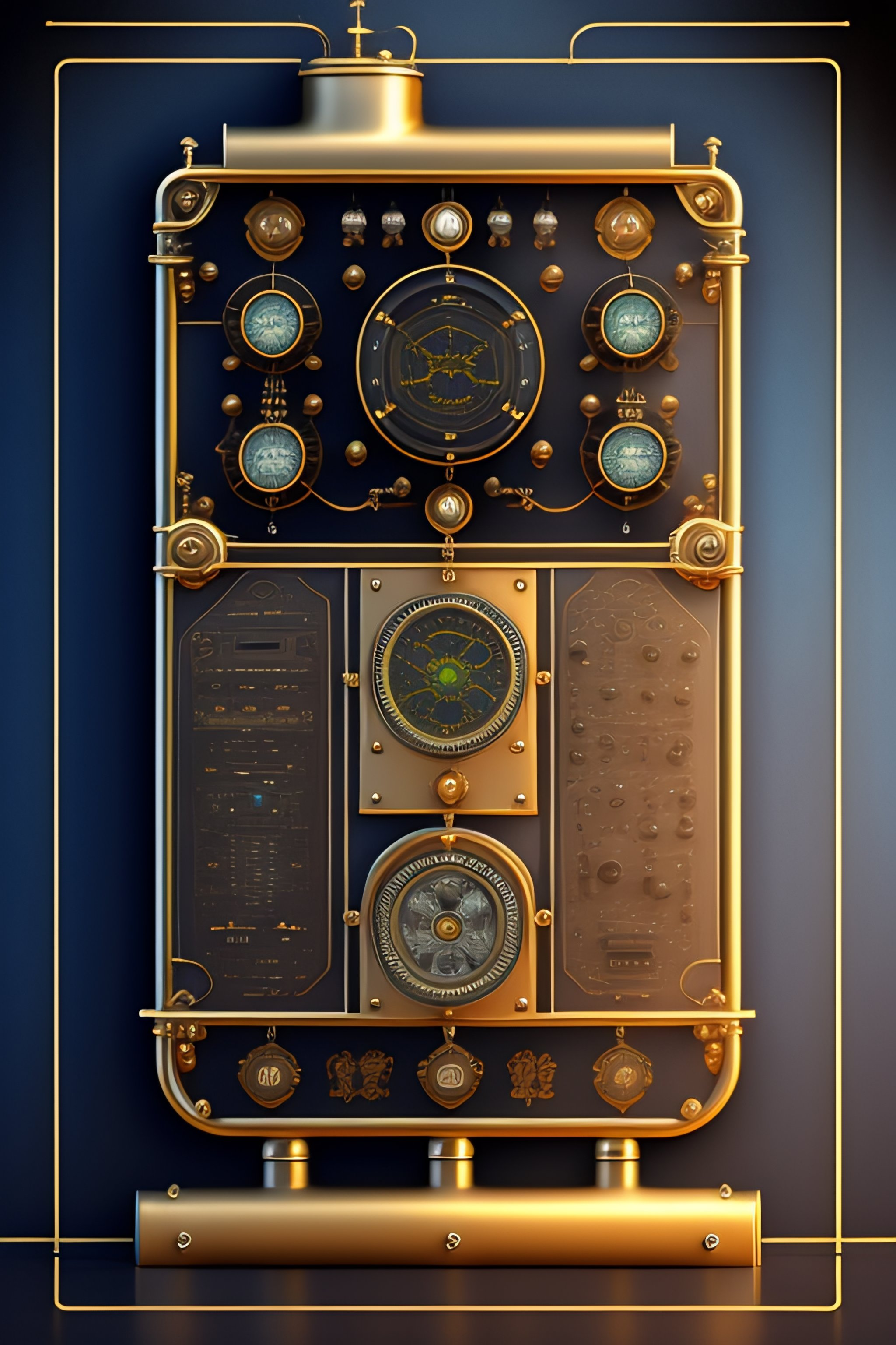 Lexica - Steampunk patent drawing front view of a control panel with monitors, gauges and led bars
