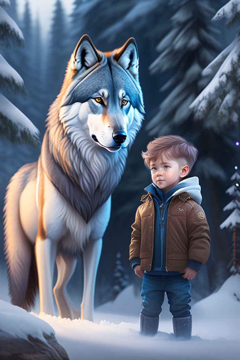 Lexica - A cinematic portrait of little boy and a big wolf with a ...