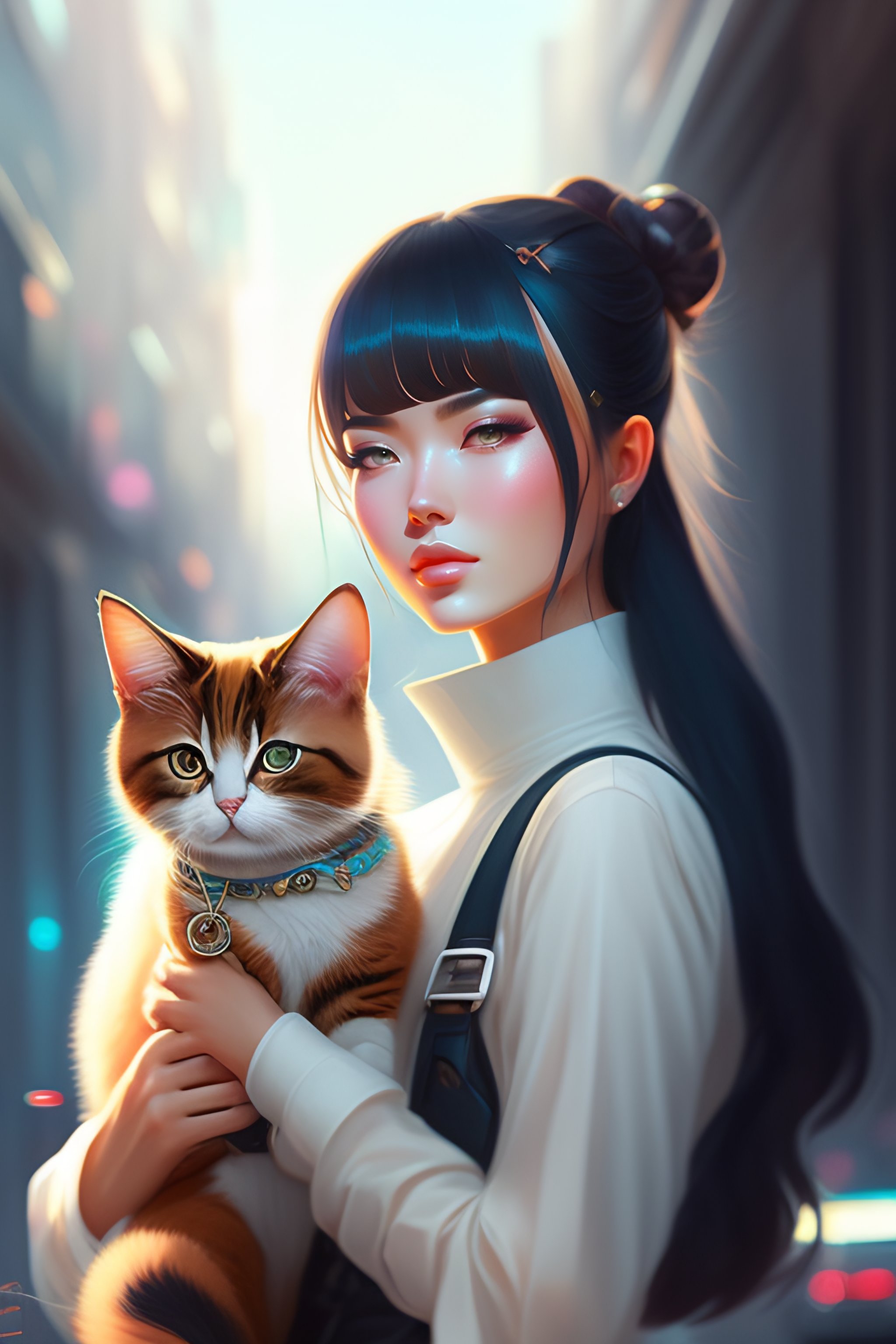 Lexica - Elegant girl holding a cute cat in urban outfit, cute fine face, rounded eyes, digital ...
