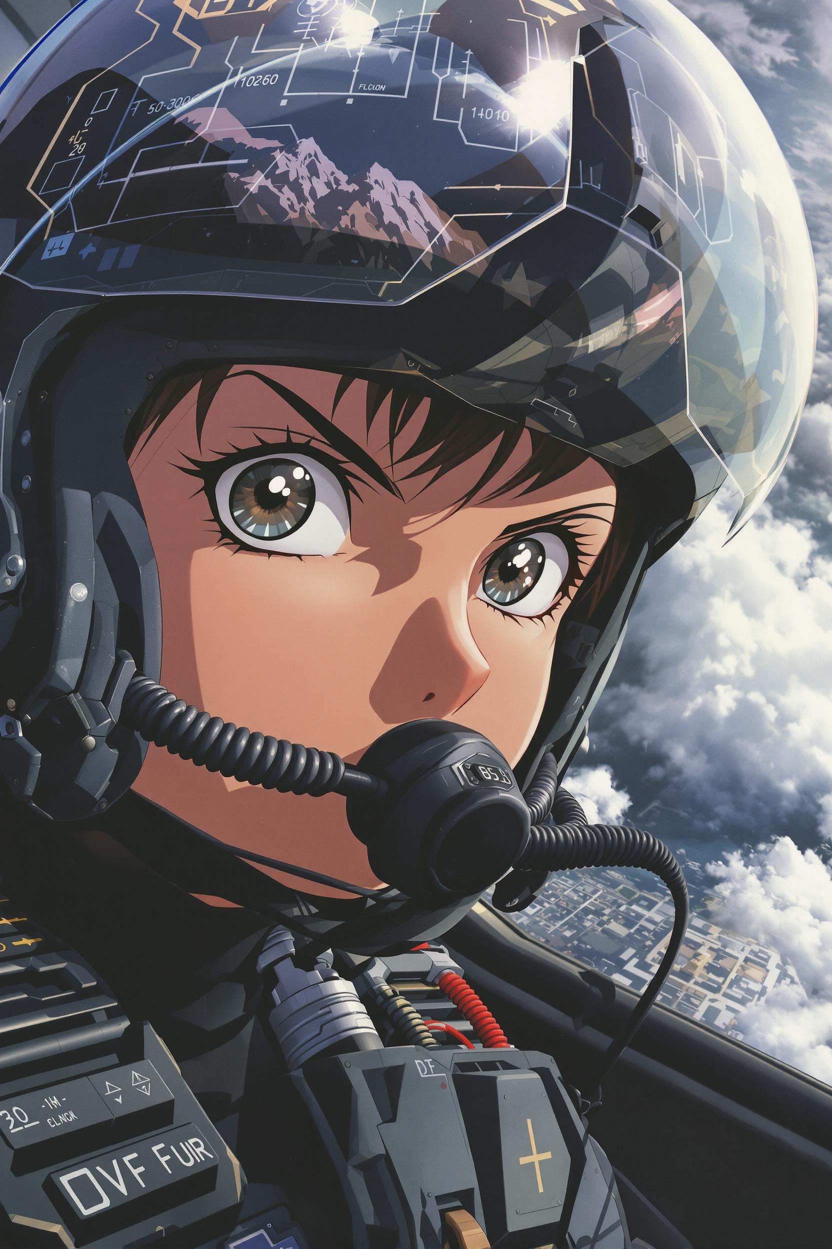 Lexica - 90's anime screenshot of piloting a jet plane, she has a black ...