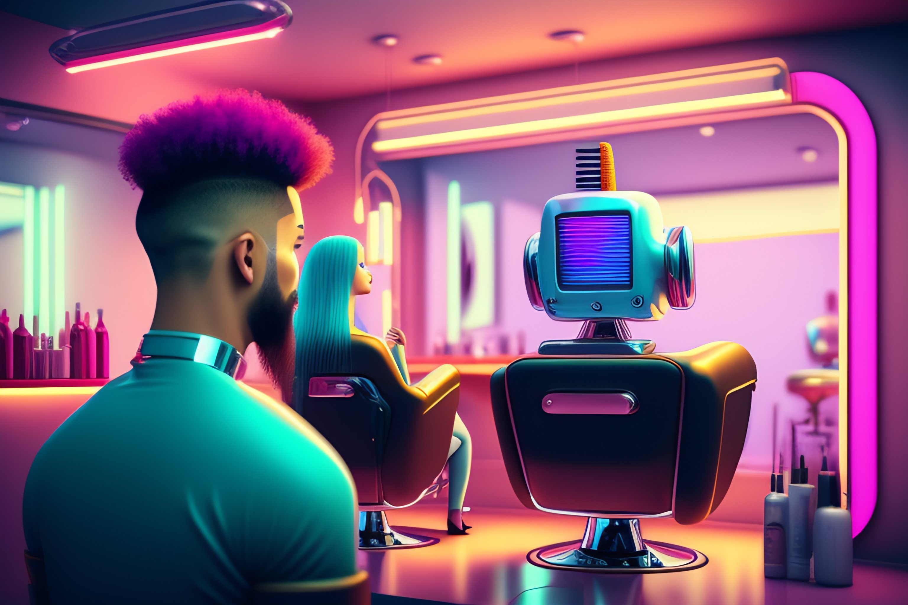 Lexica - Robot hairdresser, doing a haircut to a woman, in a barbershop ...