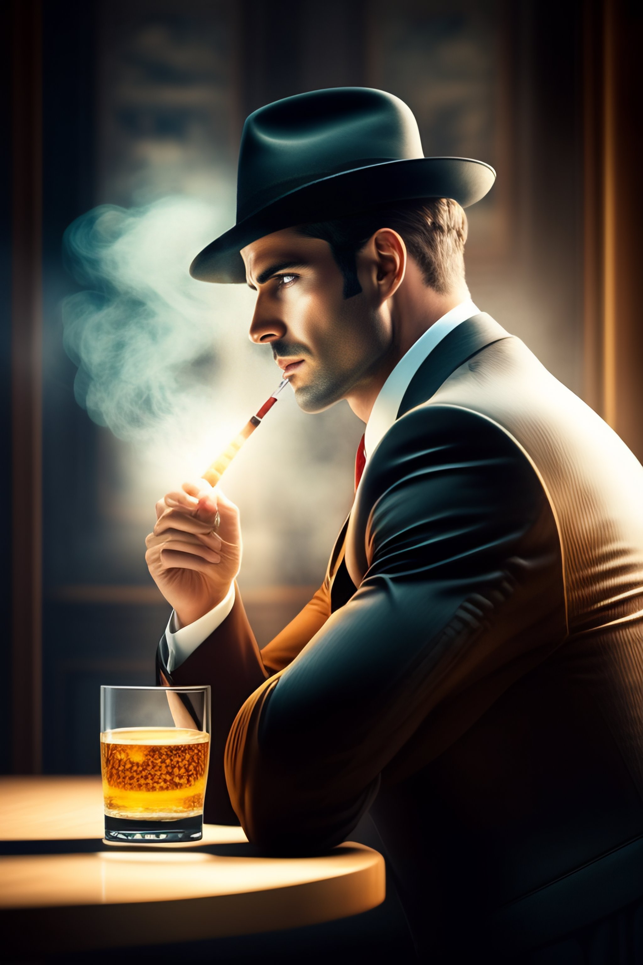 Lexica - Tall withe detective with a cigare in the hand, sit down on ...