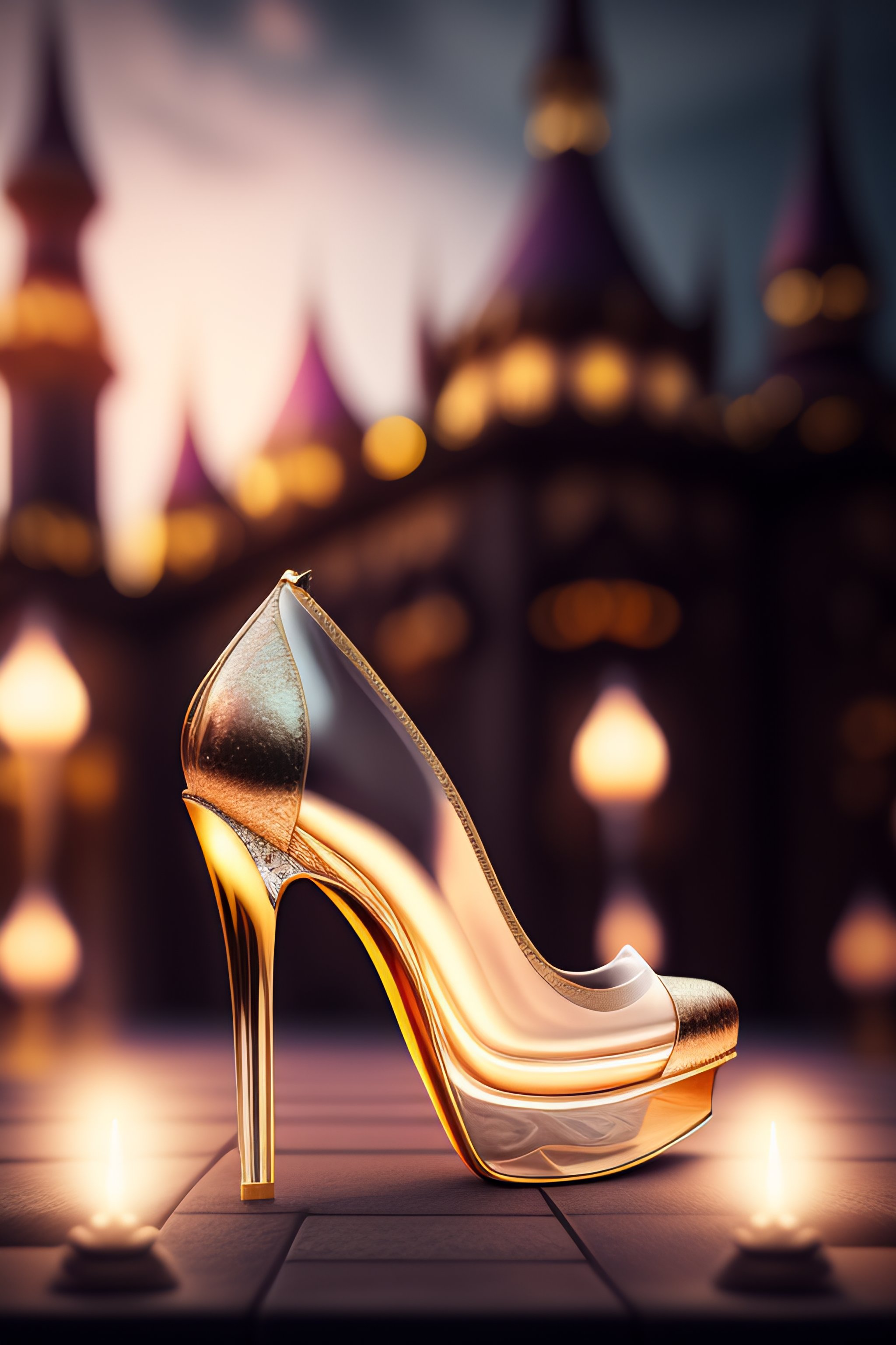 Lexica - Shiny clear entricate high heel shoe in front of a castle ...