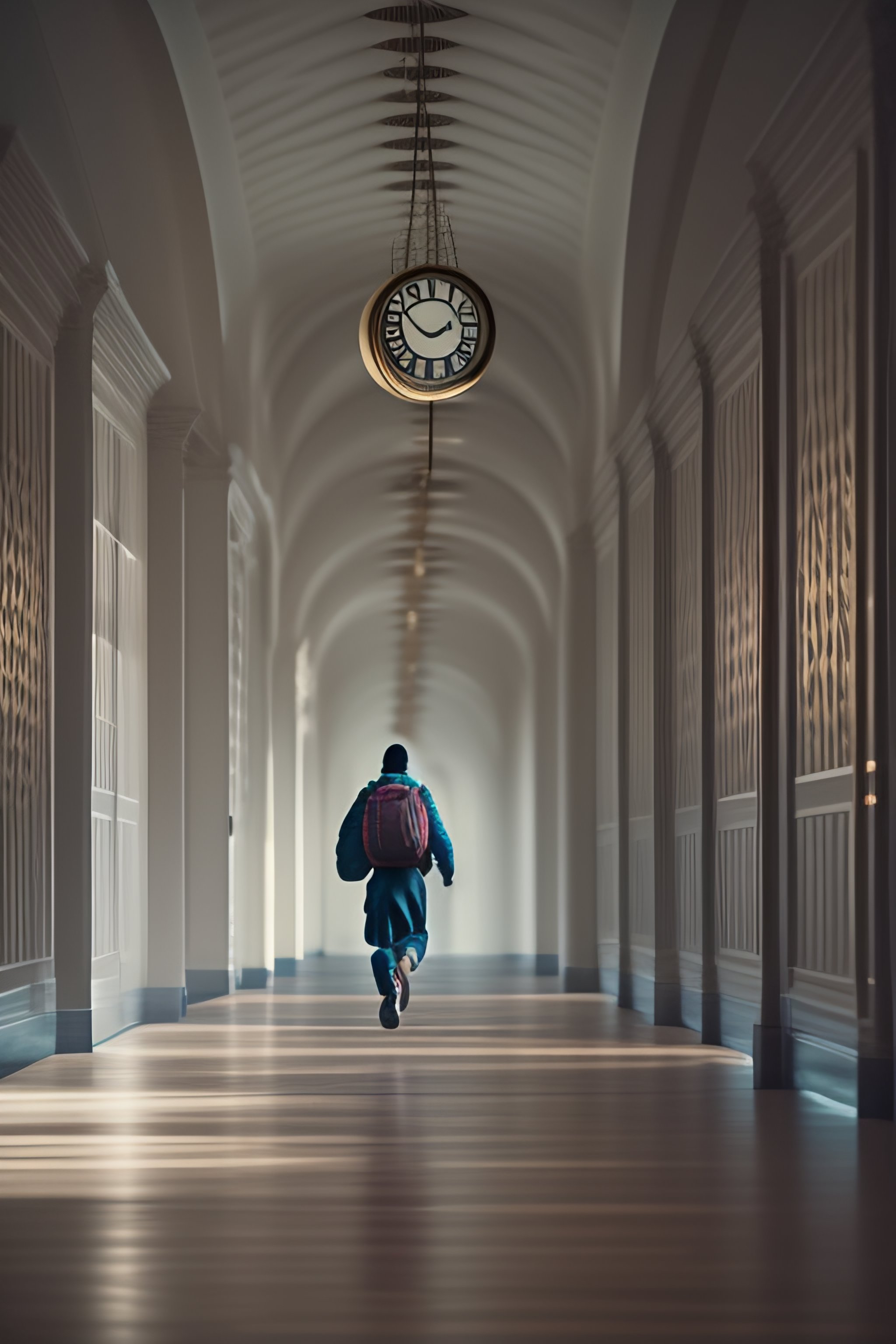 Lexica - Person running down a long hallway made of giant metling clocks