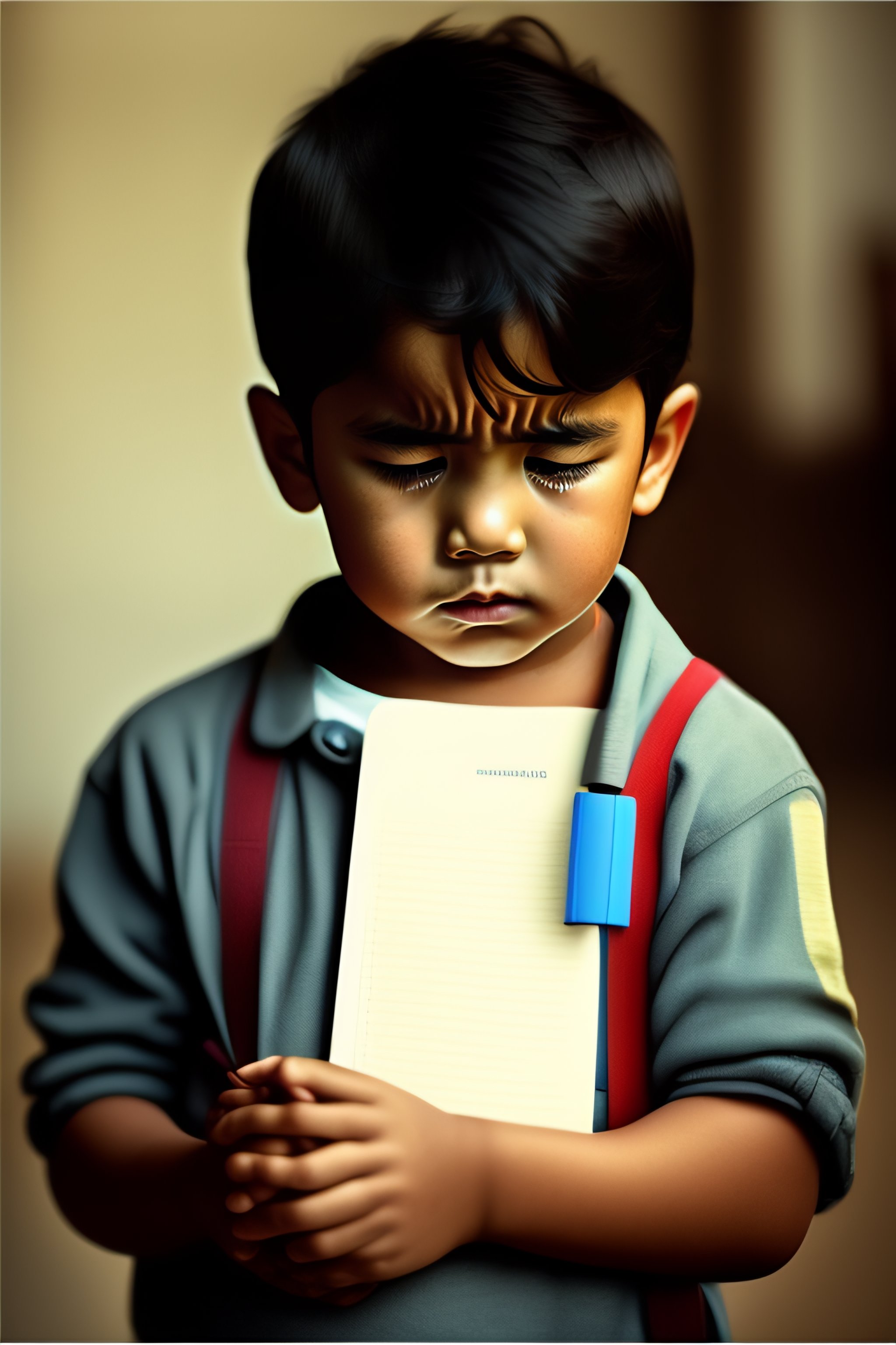 Lexica - A child holding a notebook with tears in his eyes