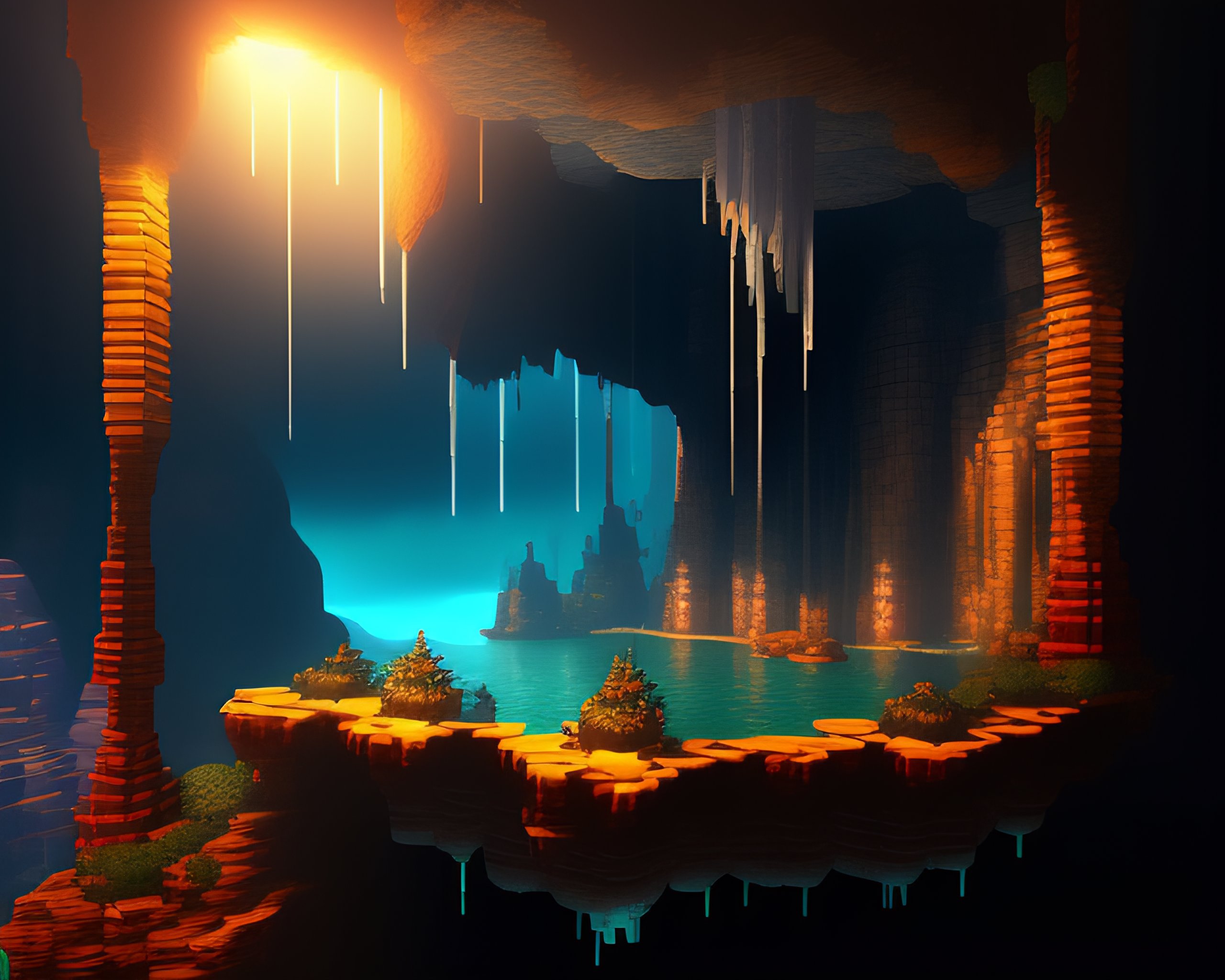 Lexica - Dark pixelated dungeon with sunlight, ancient , dripping water ...