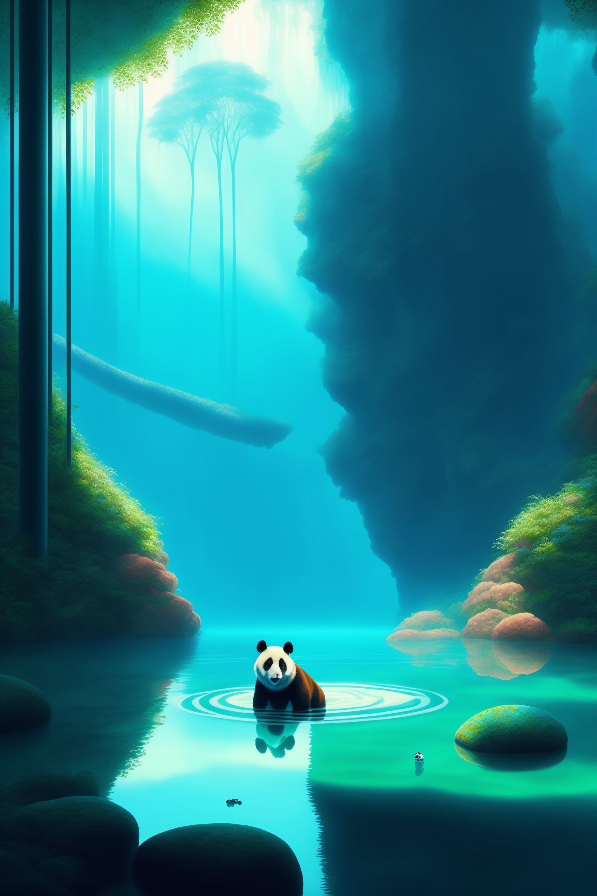 Lexica - Panda bear swims in beautiful blue green pool in the jungle ...